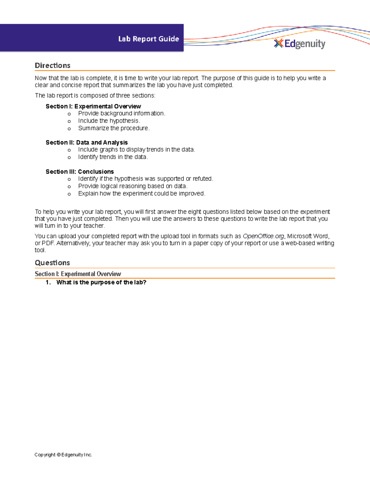 Experimental Lab Report Guide - Directions Now that the lab is complete ...
