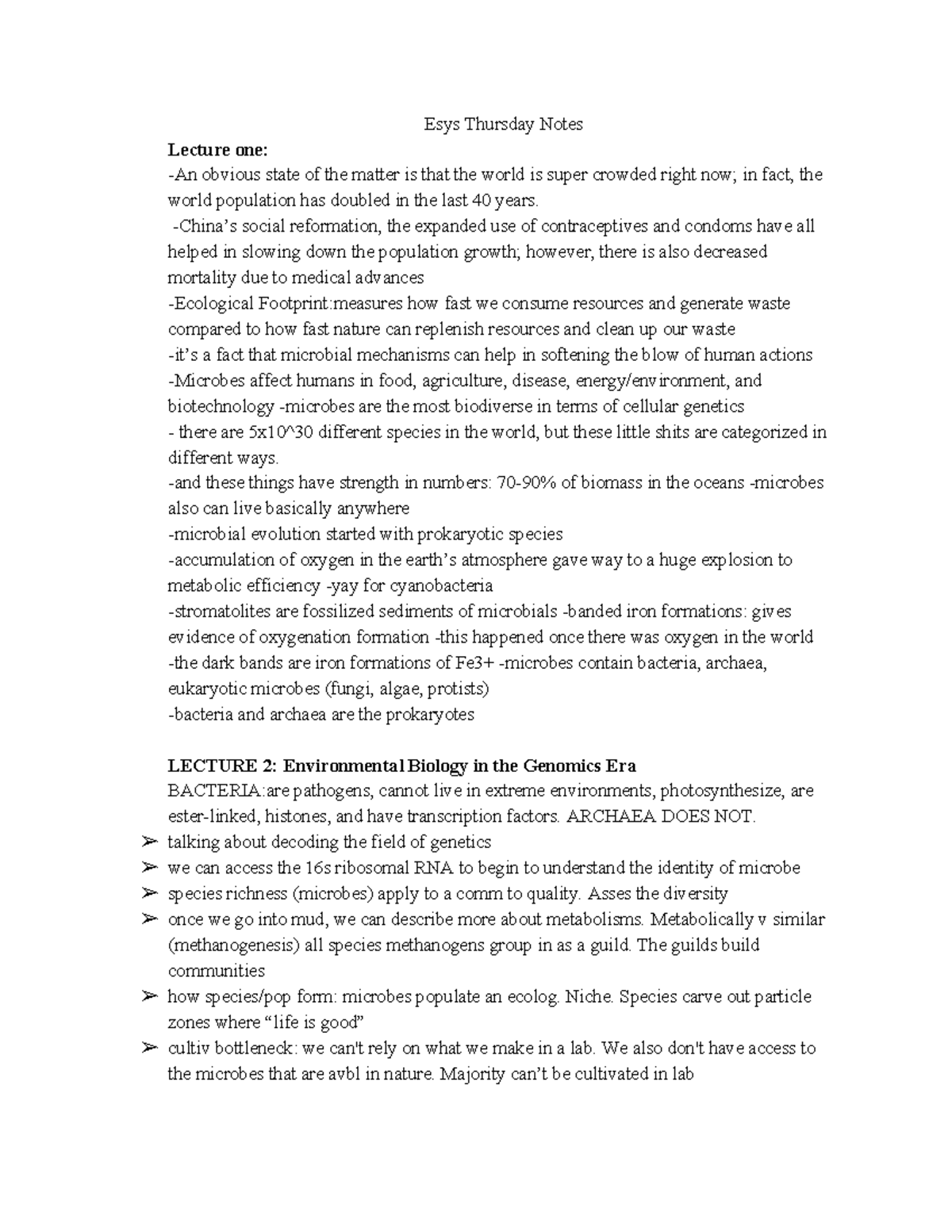 Esys week 1-5 Notes - fall 2018 - Esys Thursday Notes Lecture one: -An ...