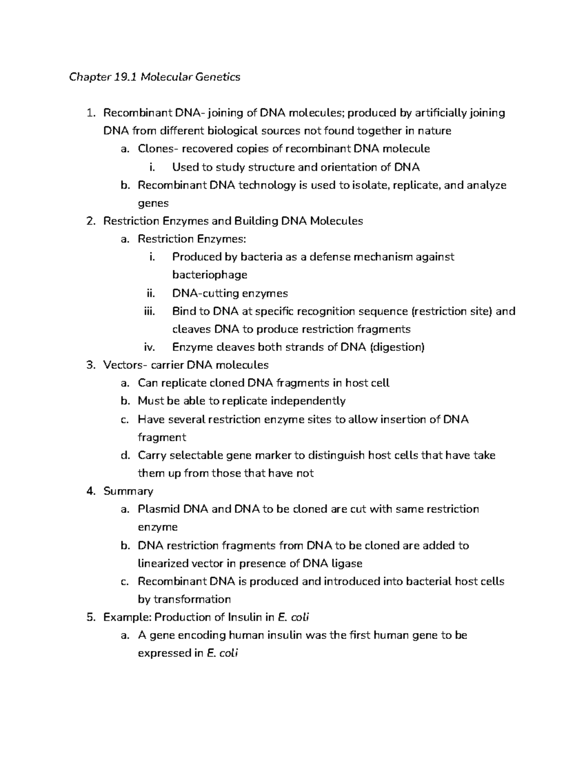 Ch 19.1 Molecular Genetics - Chapter 19 Molecular Genetics Recombinant ...