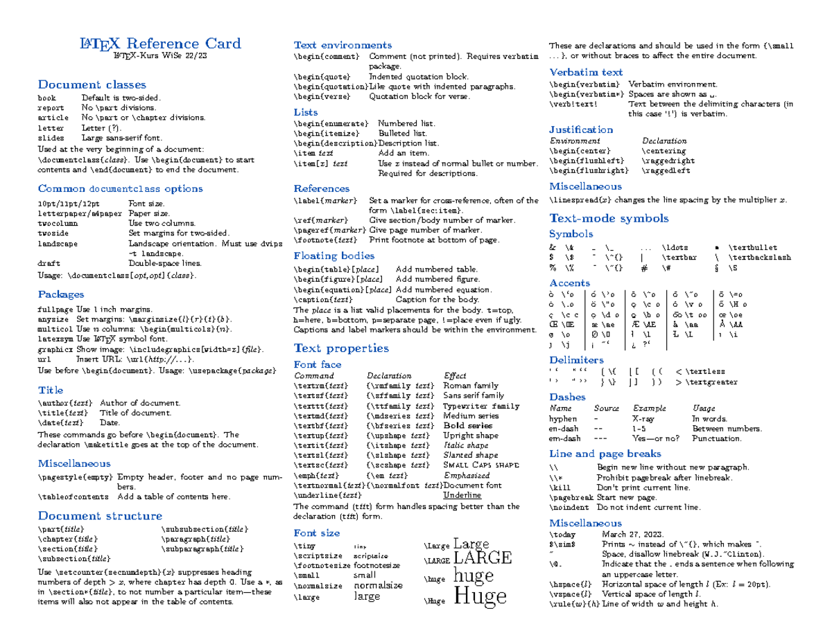 La Te X Reference Card - Zusammenfassung von LaTex Commandos - LATEX ...