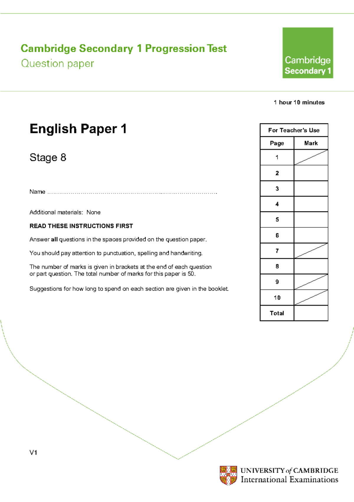 English p1 g8 - For Teacher's Use 1 hour 10 minutes English Paper 1 ...