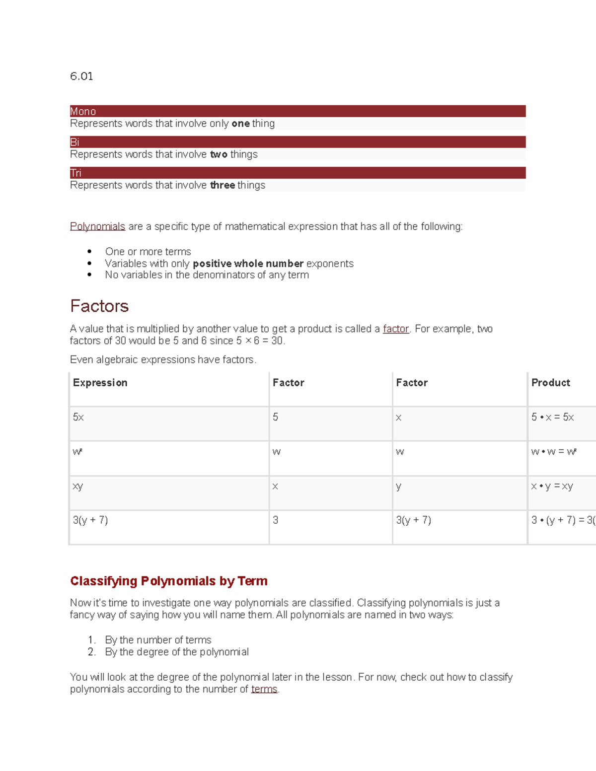 Math module 61-6.07 - ####### 6. Mono Represents words that involve ...