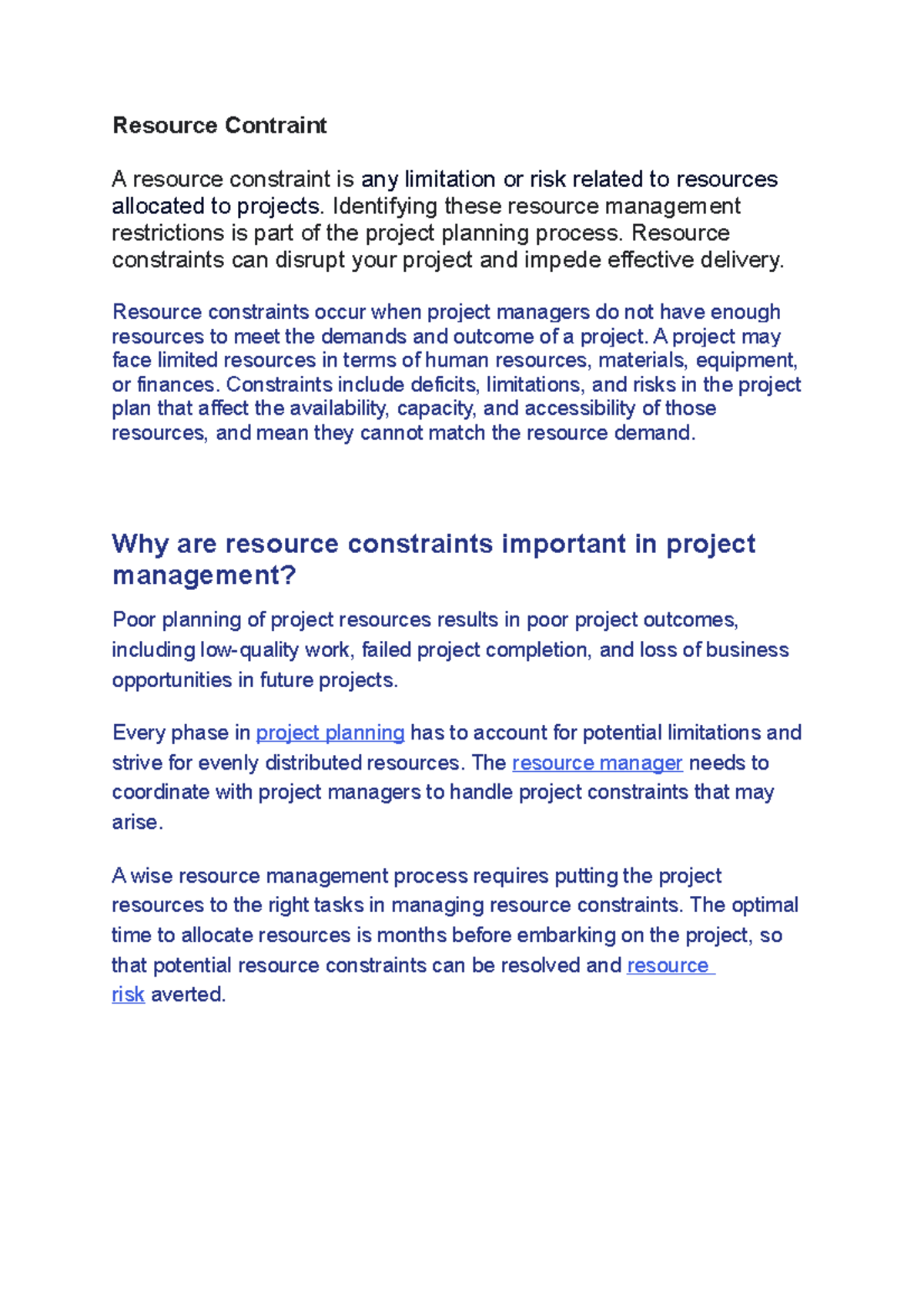 Unit1 - Resource Contraint A resource constraint is any limitation or ...