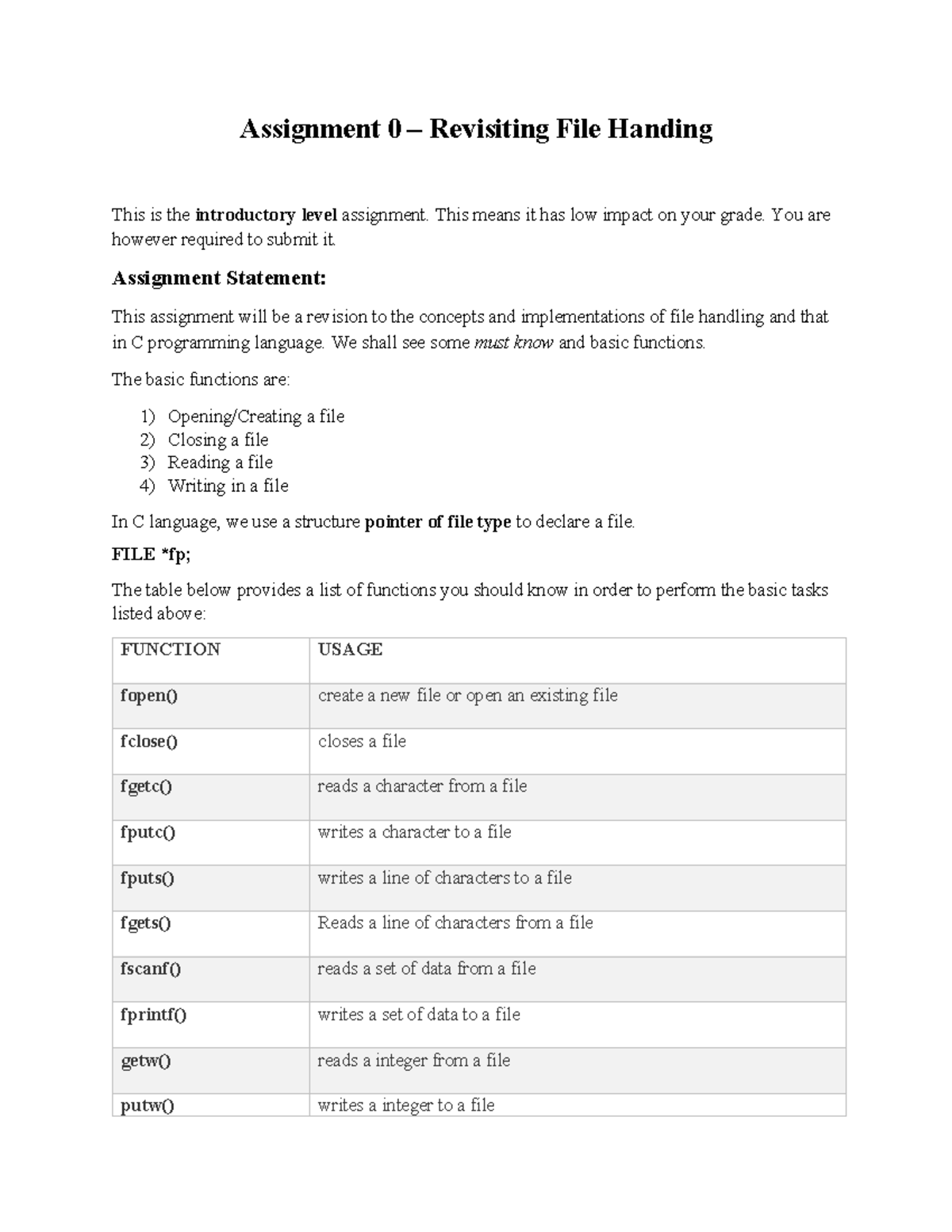 Assignment 00 - Assignment 0 – Revisiting File Handing This is the ...