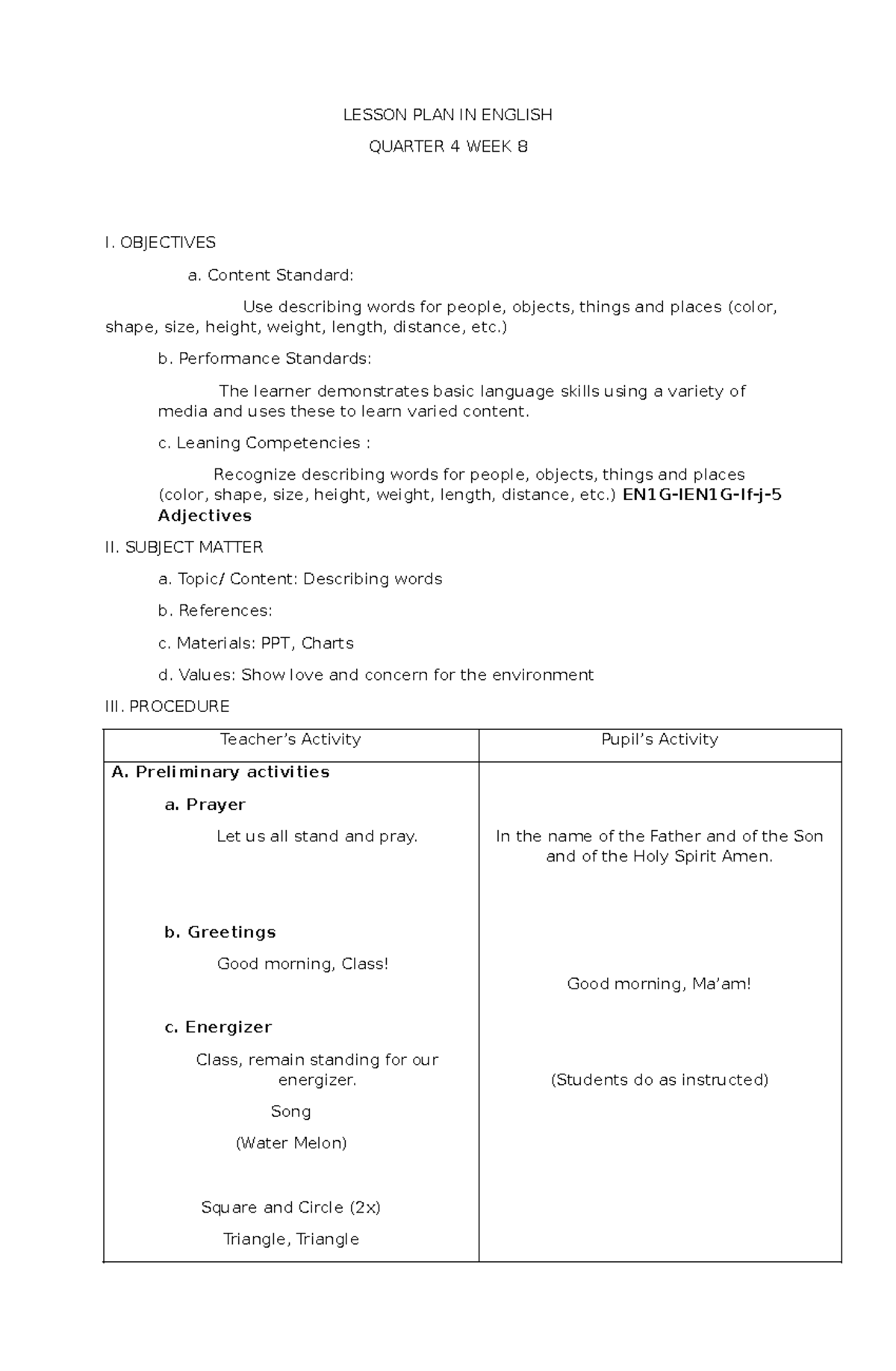 Clamiano(LP English) - Lesson plan in health - LESSON PLAN IN ENGLISH ...