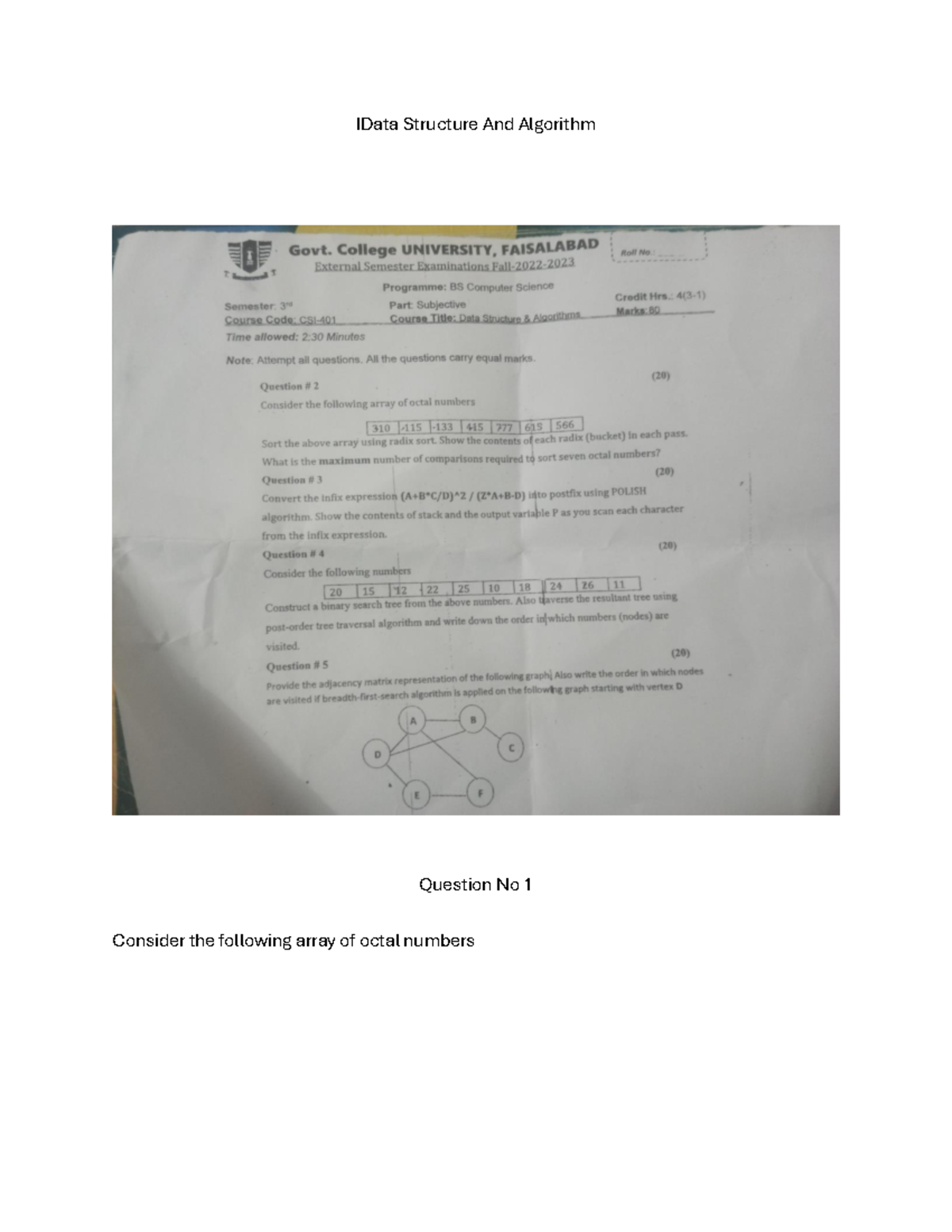 DSA paper solutions-1 - Data structure notes - IData Structure And ...