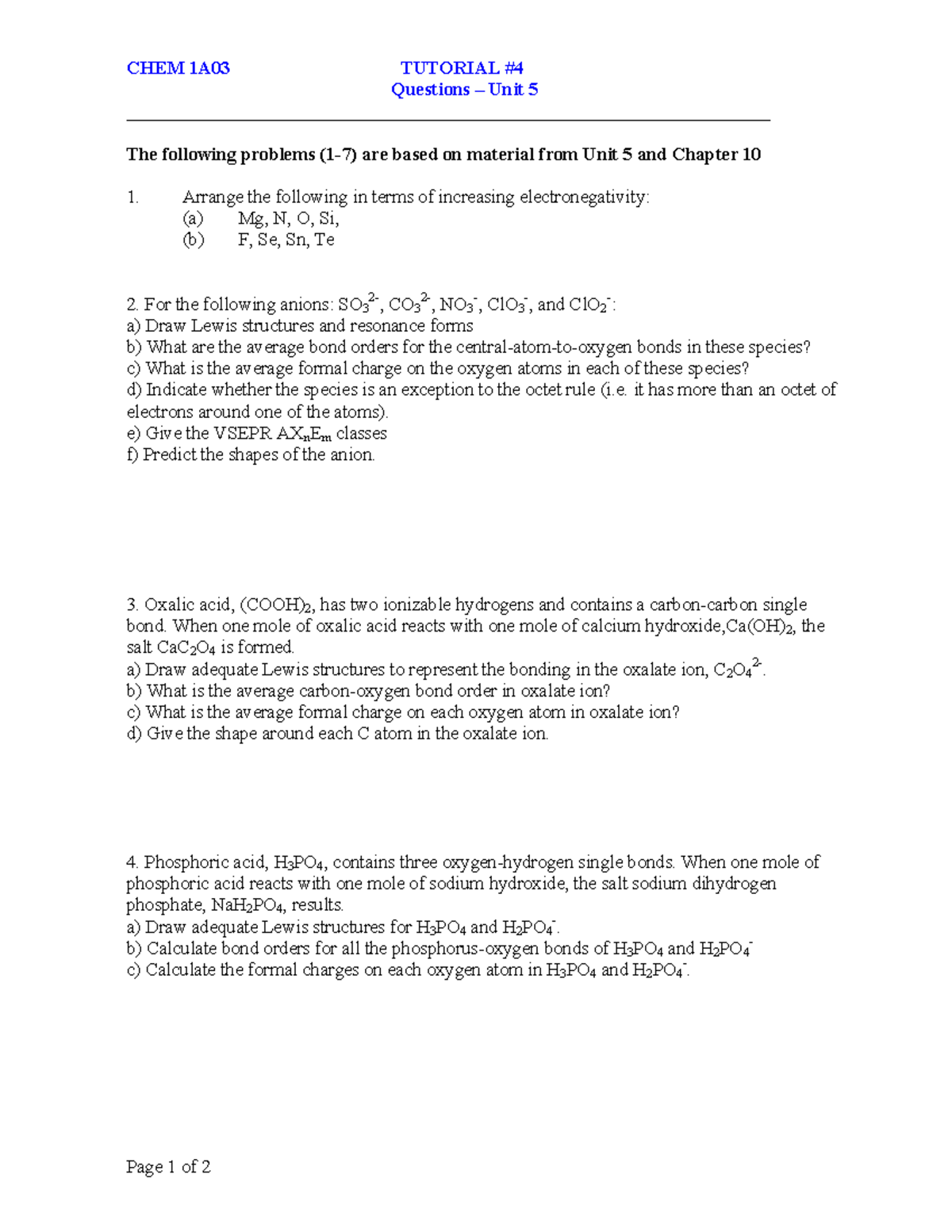 Chemistry 1A03 Tutorial 4 Practice Questions - CHEM 1A03 TUTORIAL ...