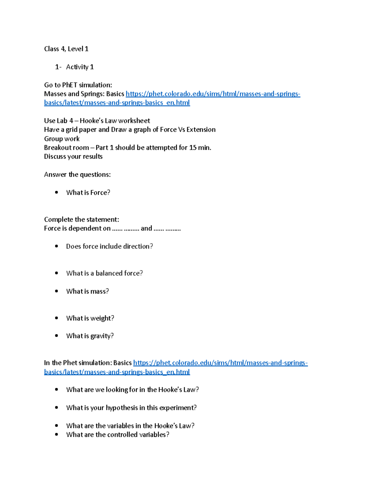 In class Google docs activity class 4 L1 - Class 4, Level 1 1- Activity ...