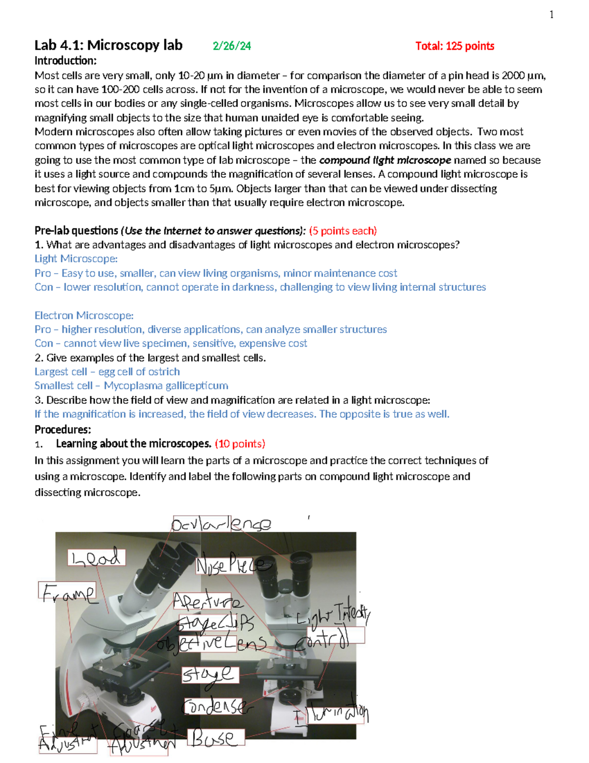 Lab 3.1- Microscopy - Djdfifjfjffjfi - Lab 4: Microscopy lab 2/26/24 Total: 125 points ...