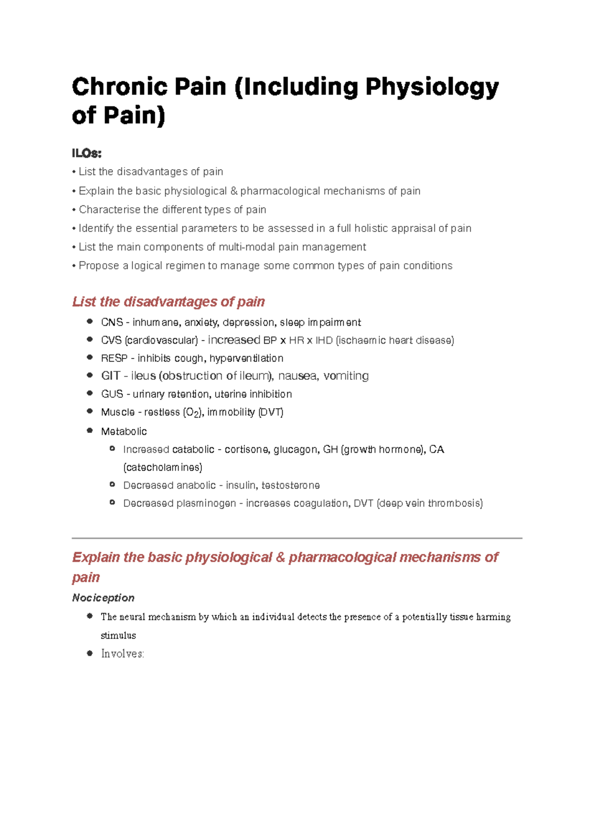 Chronic Pain (Including Physiology of Pain) - C h ro n i c Pa i n ( I n ...