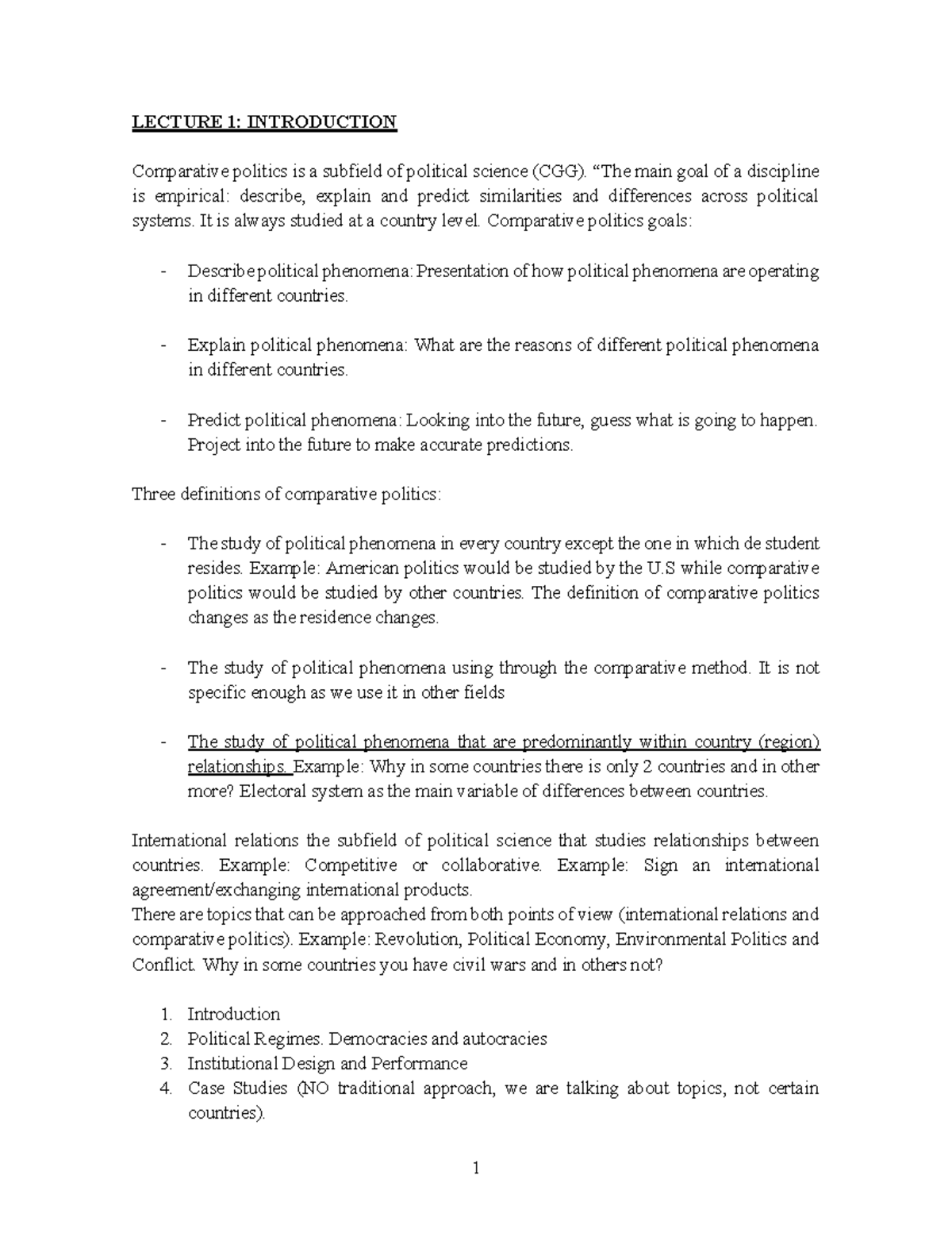 Lectures 1-7 - comparative politics - LECTURE 1: INTRODUCTION ...