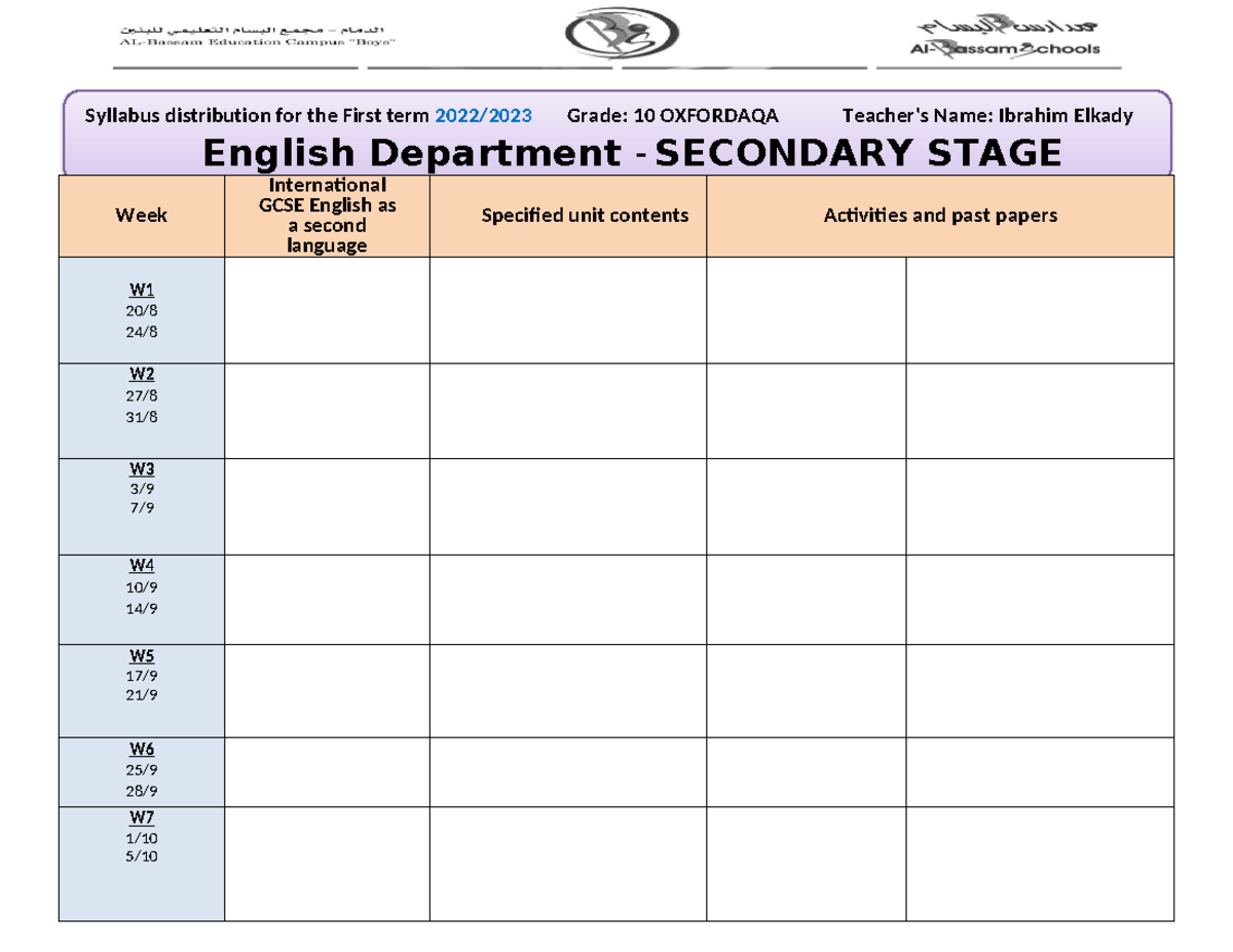 G10 syllabus distribution first term 2024 - Acadmic English - Syllabus ...