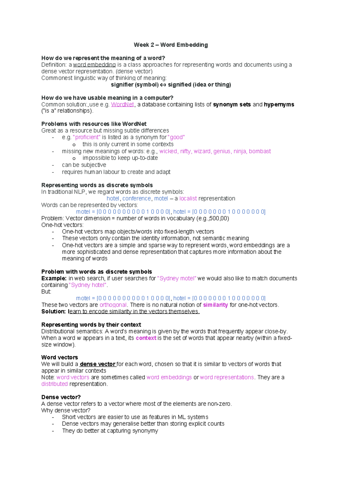 Notes - Week 2 – Word Embedding How do we represent the meaning of a ...