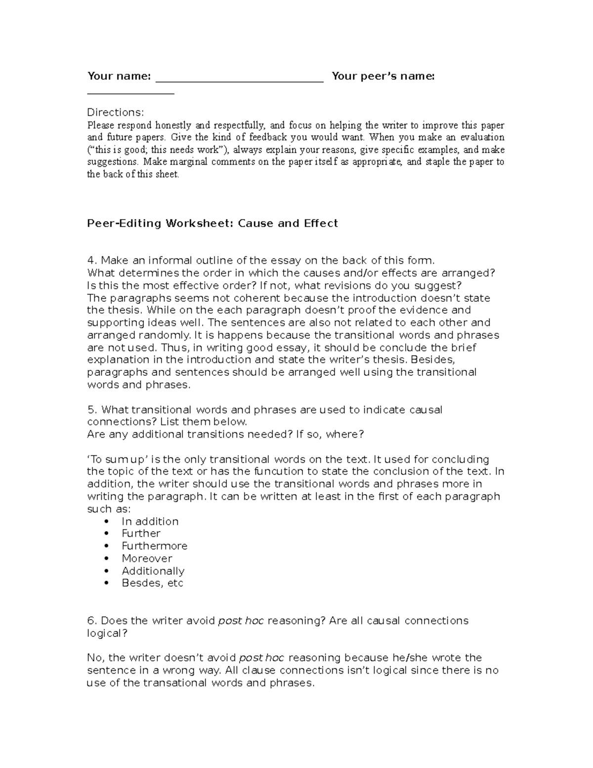 Cause and Effect Peer Editing - Your name ...