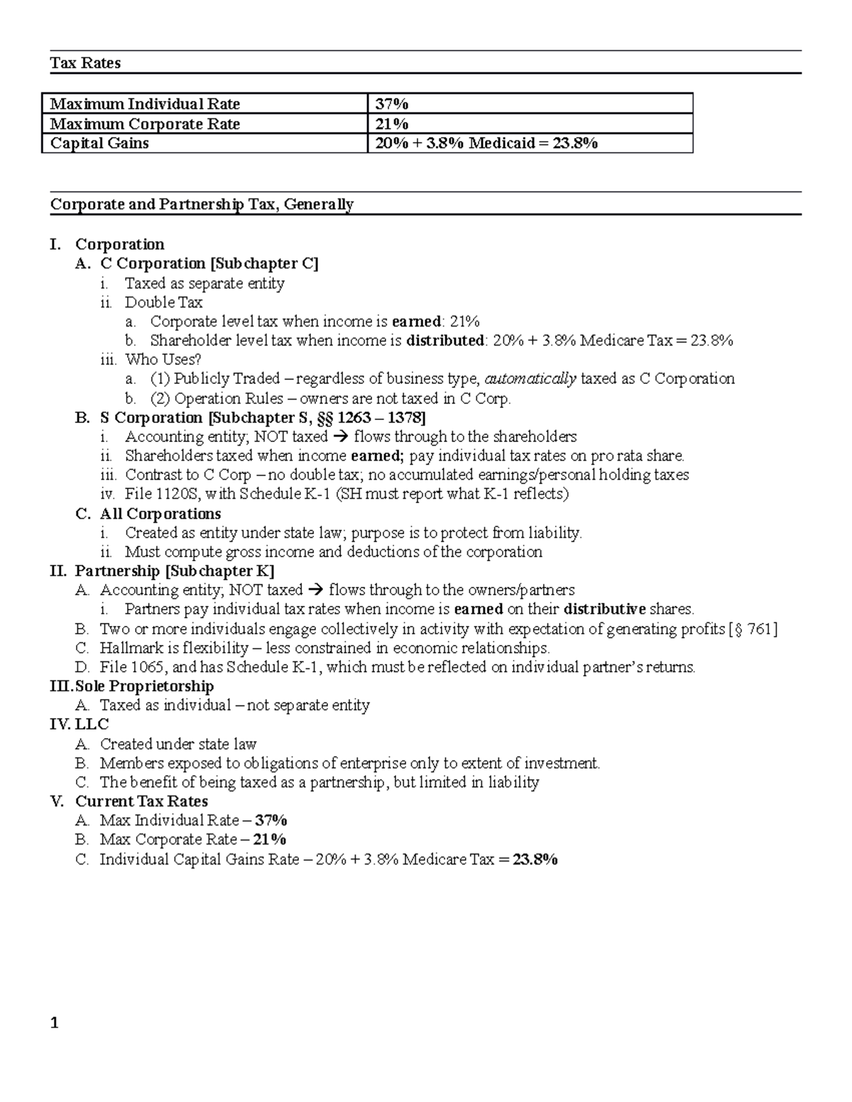 Midterm Outline - Corp + Part Tax - Tax Rates Maximum Individual Rate ...