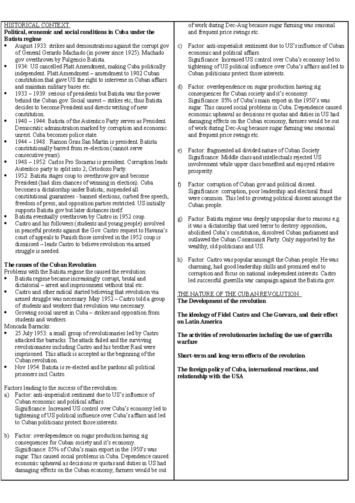 Cuban Revolution notes - HISTORICAL CONTEXT Political, economic and ...