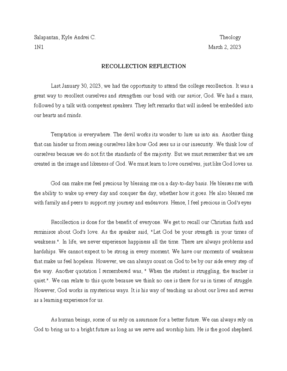 1N1 Salapantan Reflection - Salapantan, Kyle Andrei C. Theology 1N1 ...
