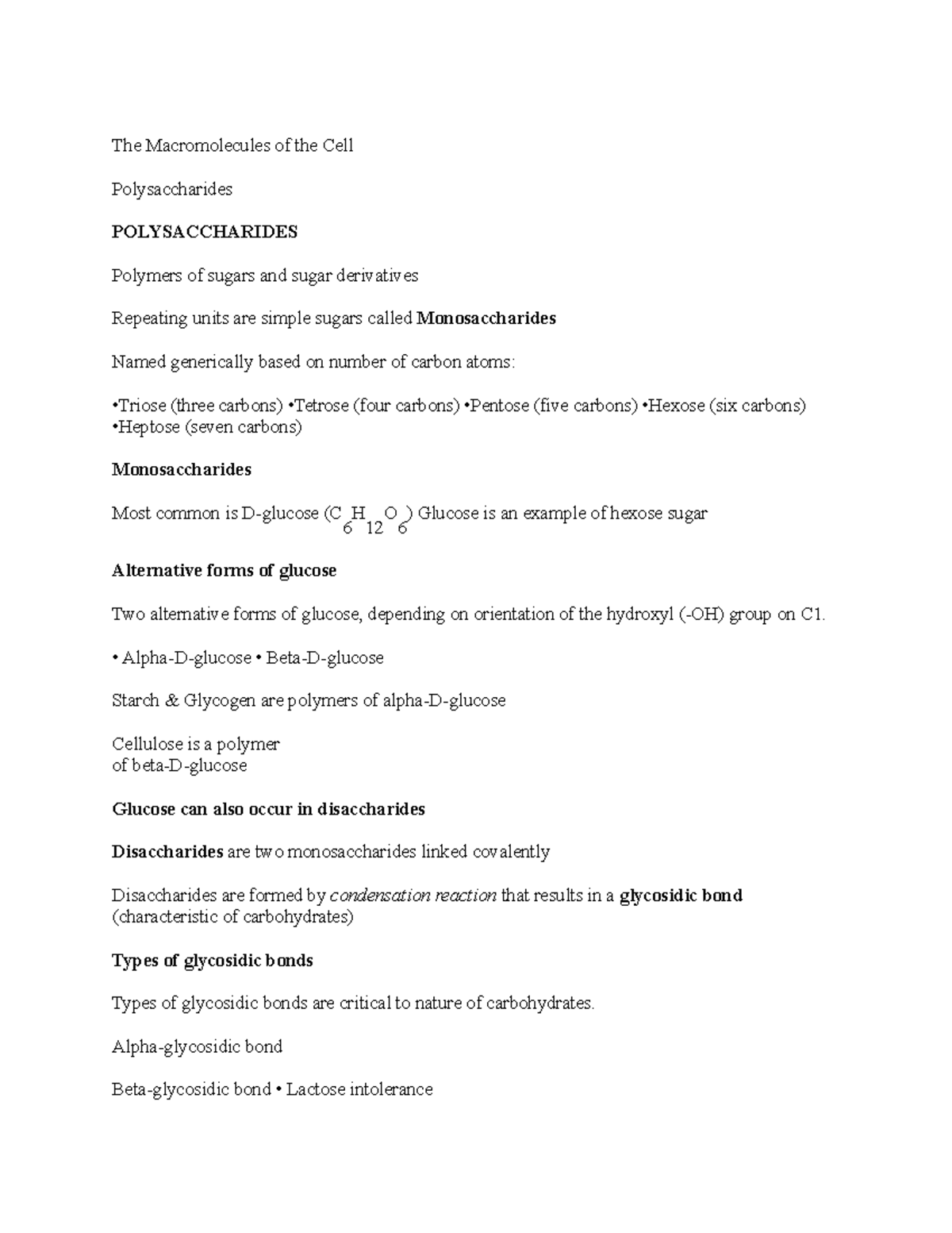 Cell bio chapter 3 - Lecture notes 7 - The Macromolecules of the Cell ...