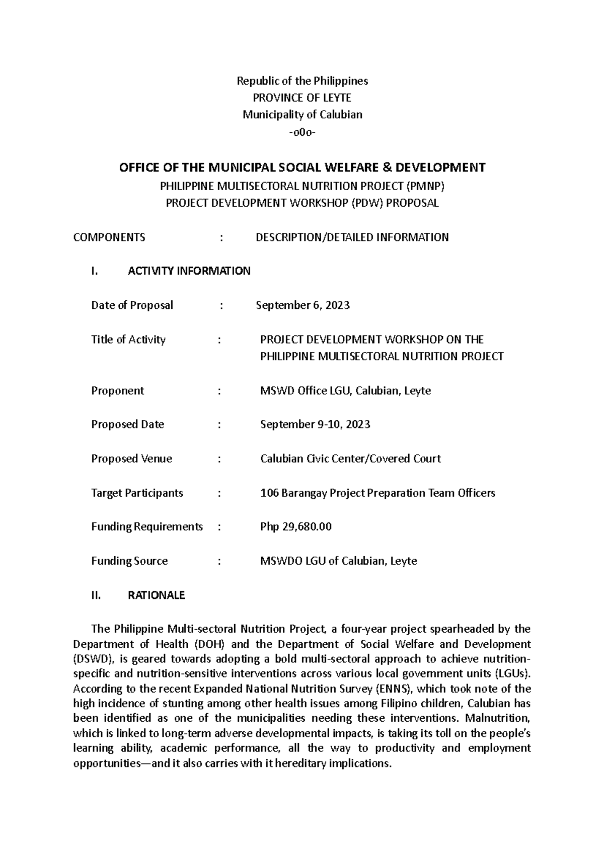 PDW PMNP Proposal - Bs Architecture - UP Visayas - Studocu