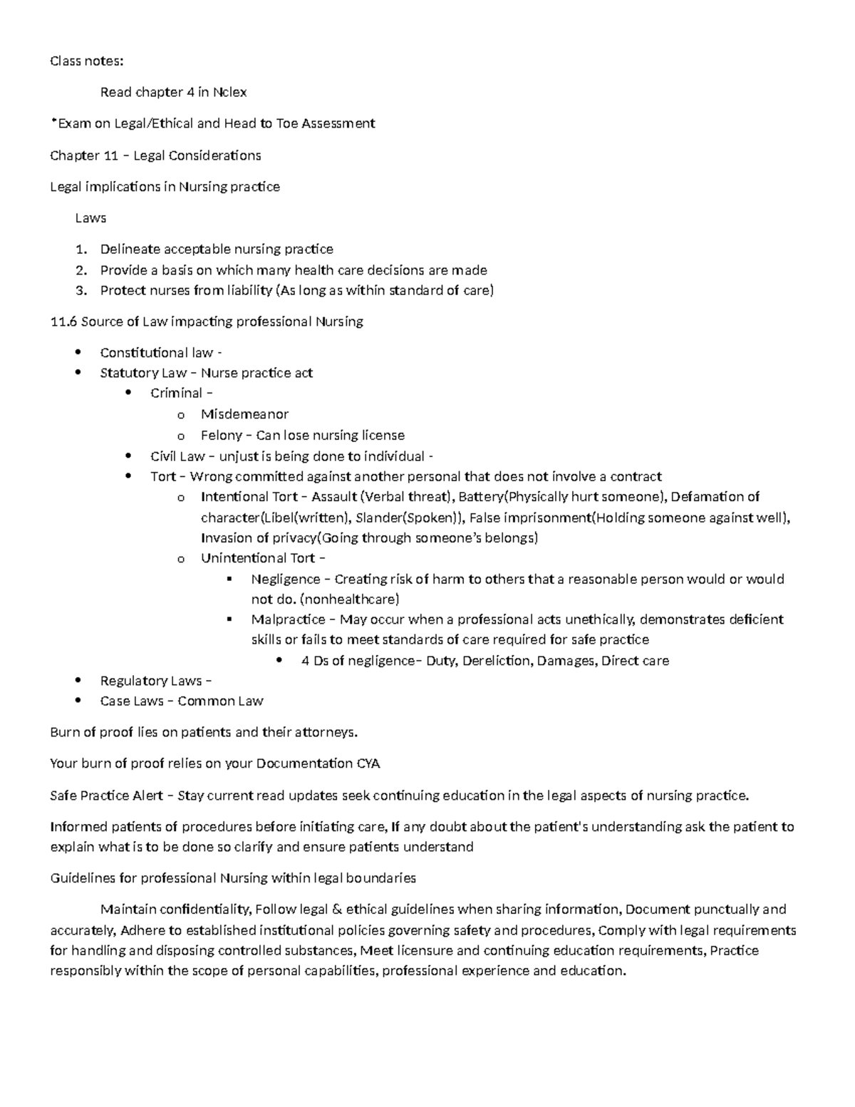 Module 5 - Legal & Ethics - Class notes: Read chapter 4 in Nclex *Exam ...