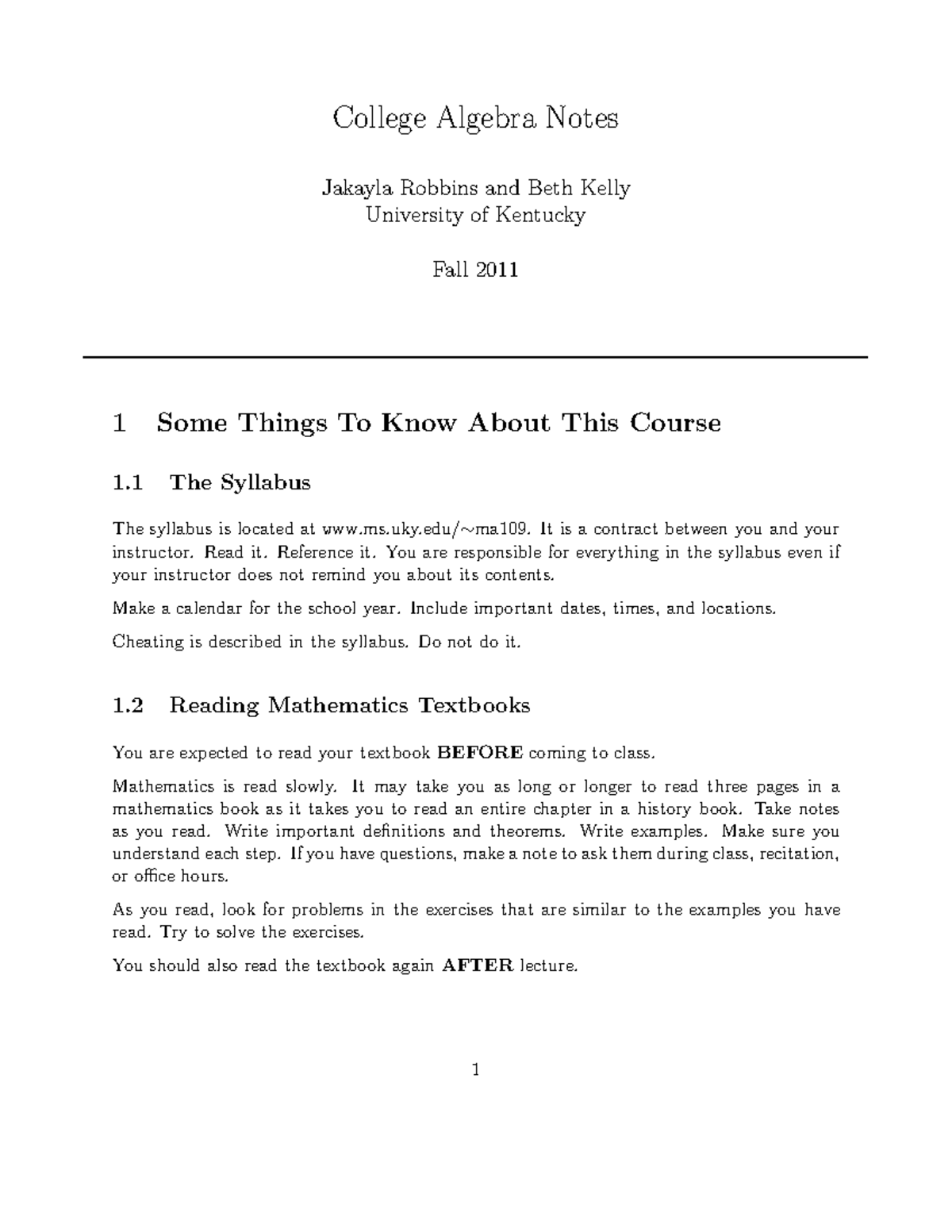 Lecture notes 1 - College Algebra Notes Jakayla Robbins and Beth Kelly ...