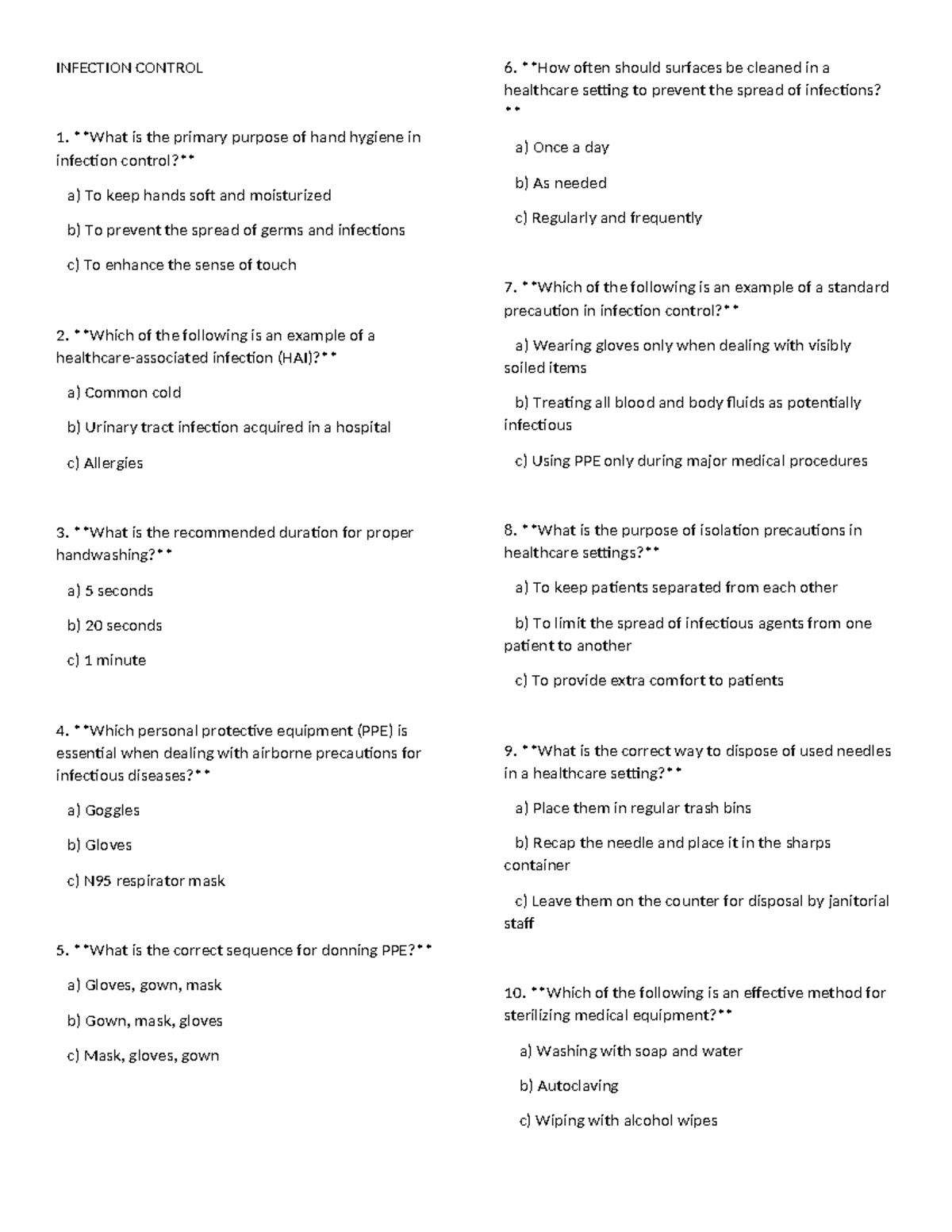 Infection Control - INFECTION CONTROL What is the primary purpose of ...
