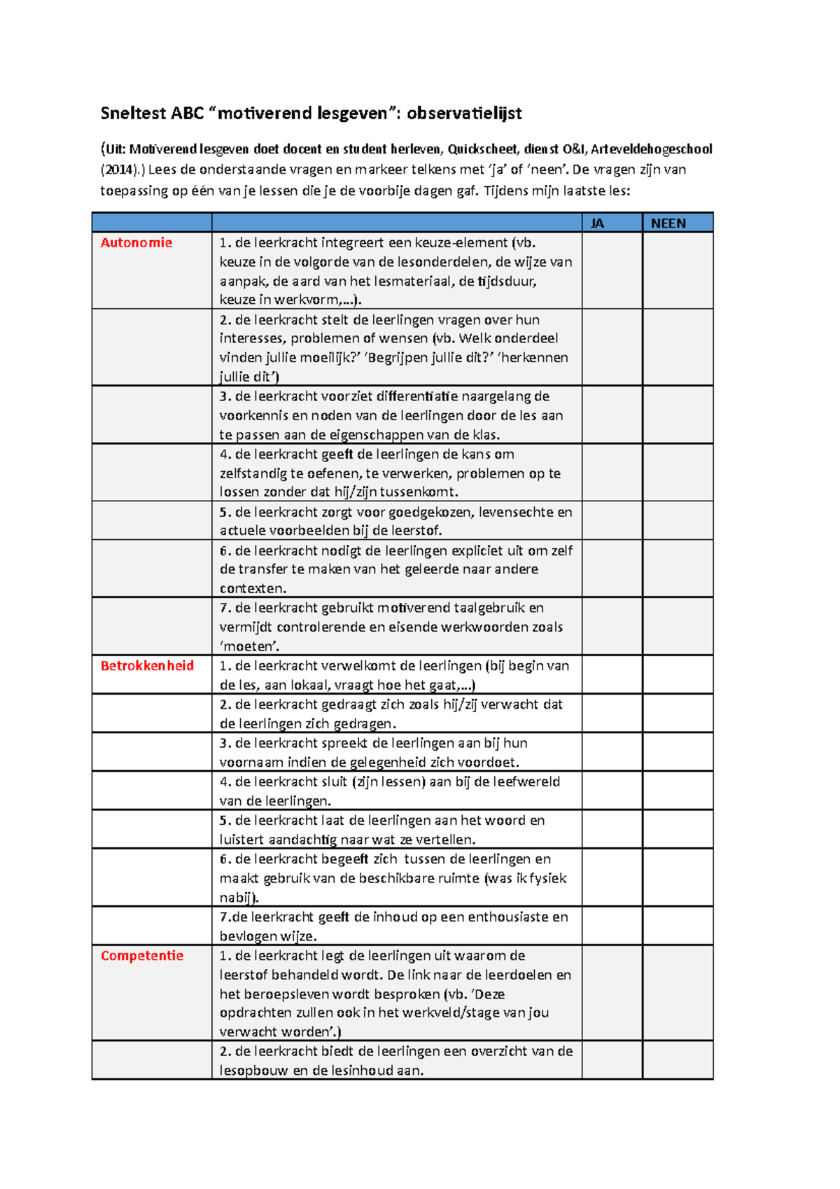 Sneltest abc - Sneltest ABC “motiverend lesgeven”: observatielijst (Uit ...