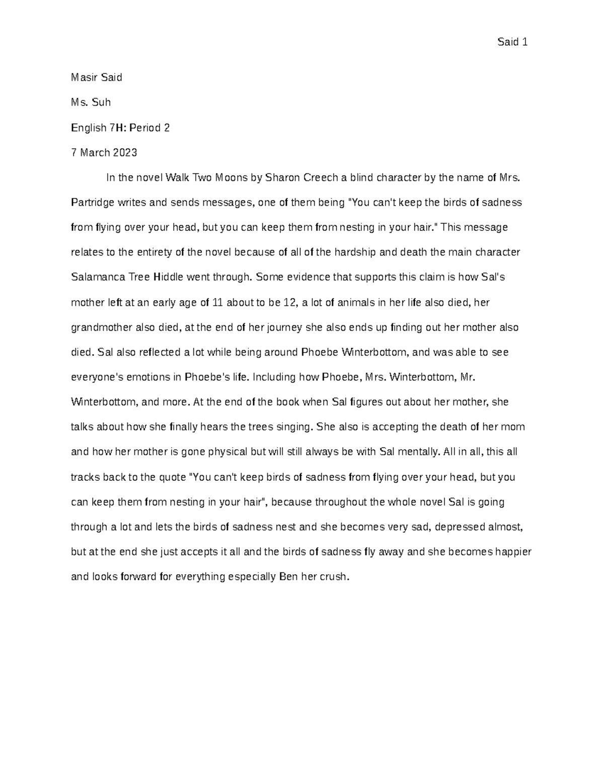 Masir Said- CEA for Walk Two Moons project booklet - Google Docs - Said 1 Masir Said Ms. Suh ...