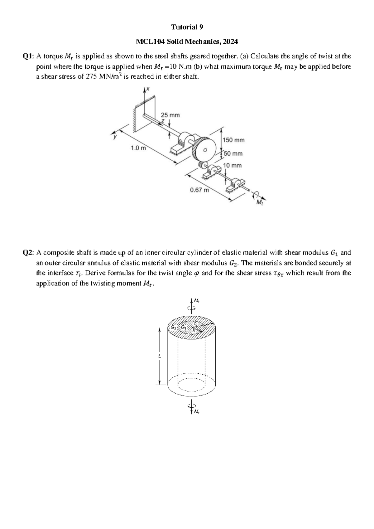 Tutorial 9 - questions on torision - Tutorial 9 MCL104 Solid Mechanics, 2024 Q 1 : A torque 𝑀𝑡 ...