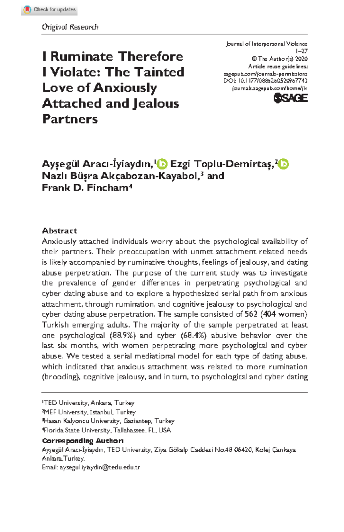 2020-JIV-I Ruminate Therefore I violate - doi/10.1177/ ####### Journal of Interpersonal Violence ...