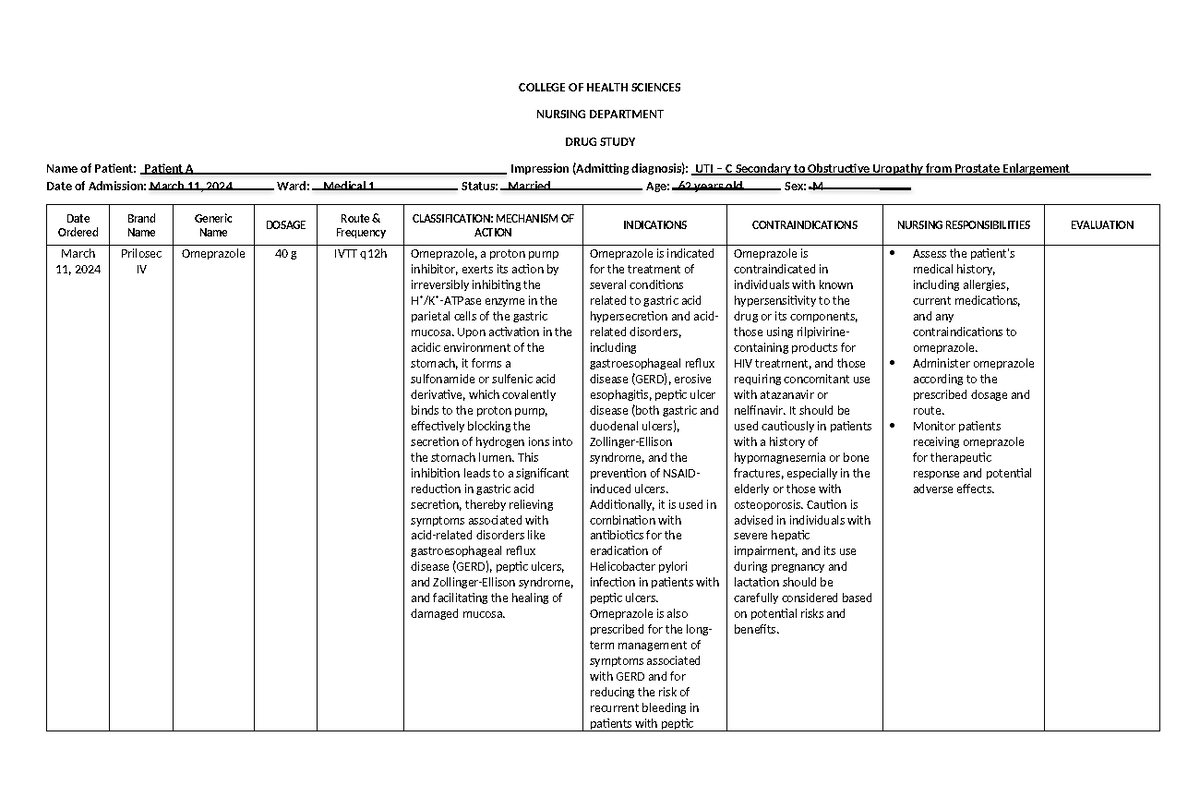 Drug-Study - A sample drug study - COLLEGE OF HEALTH SCIENCES NURSING ...
