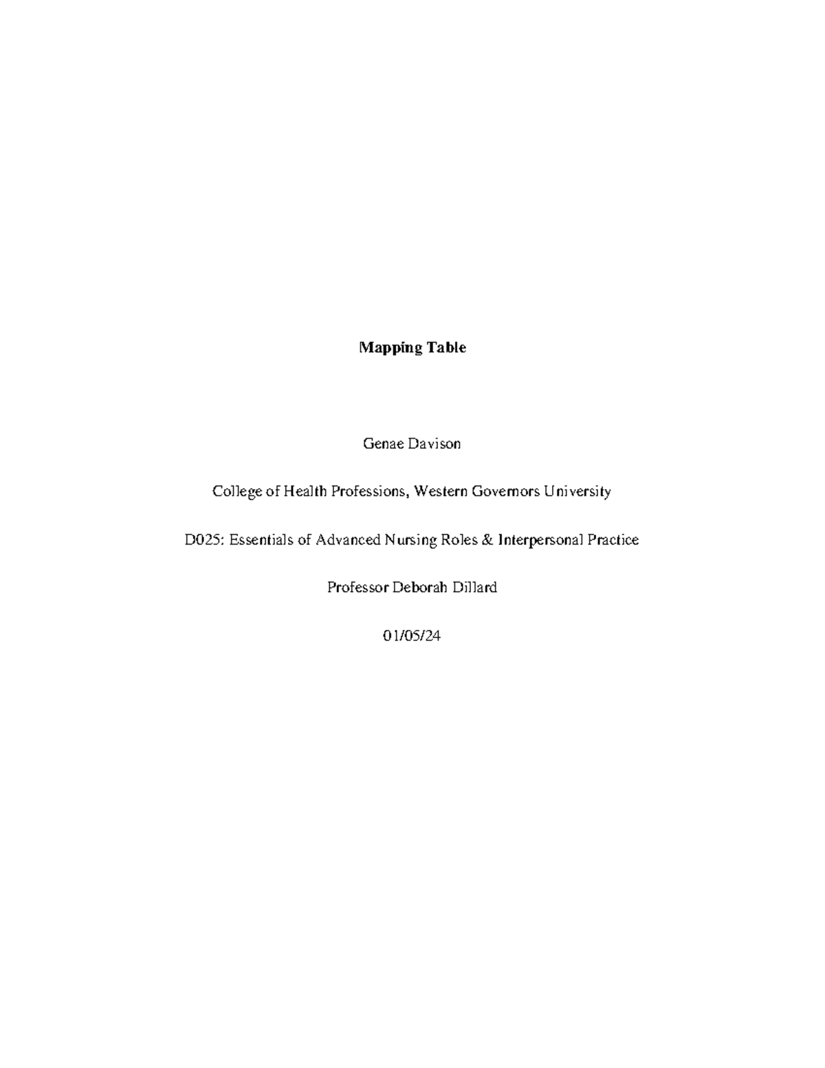 Mapping Table - Mapping Table Genae Davison College of Health ...