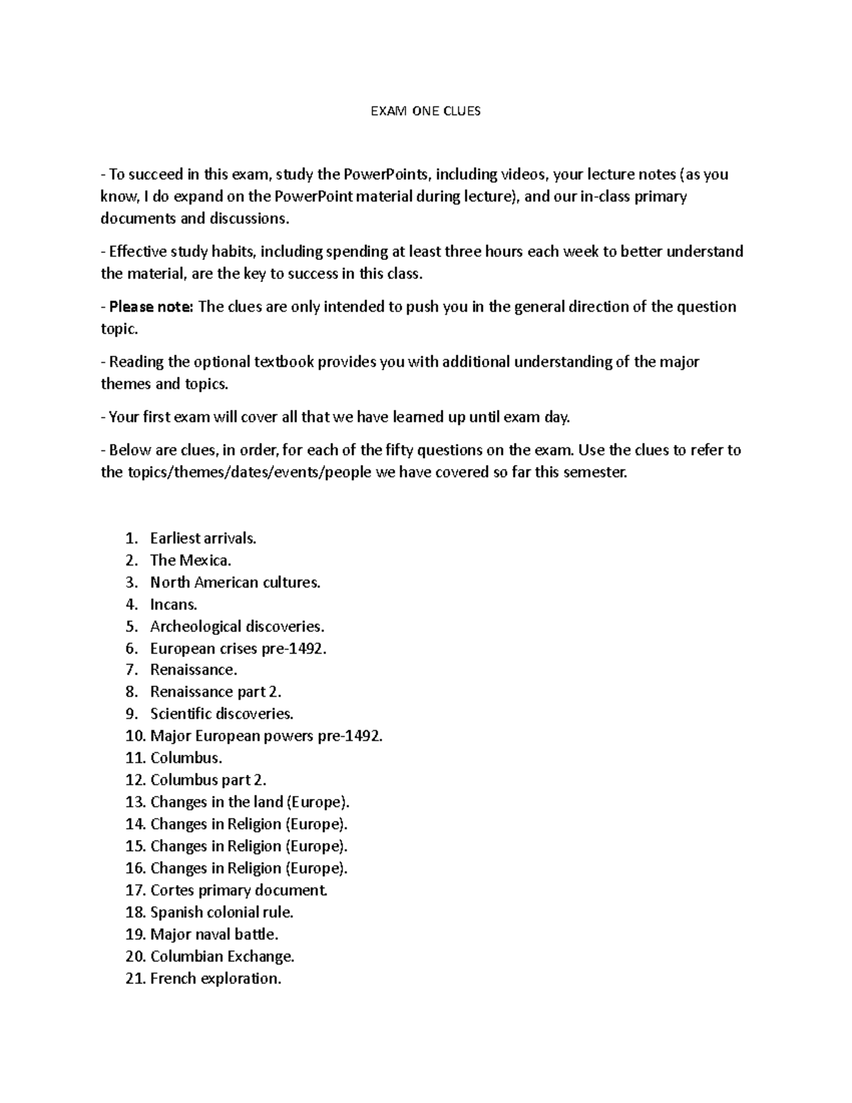 Exam One clues fall 2023 - EXAM ONE CLUES To succeed in this exam ...