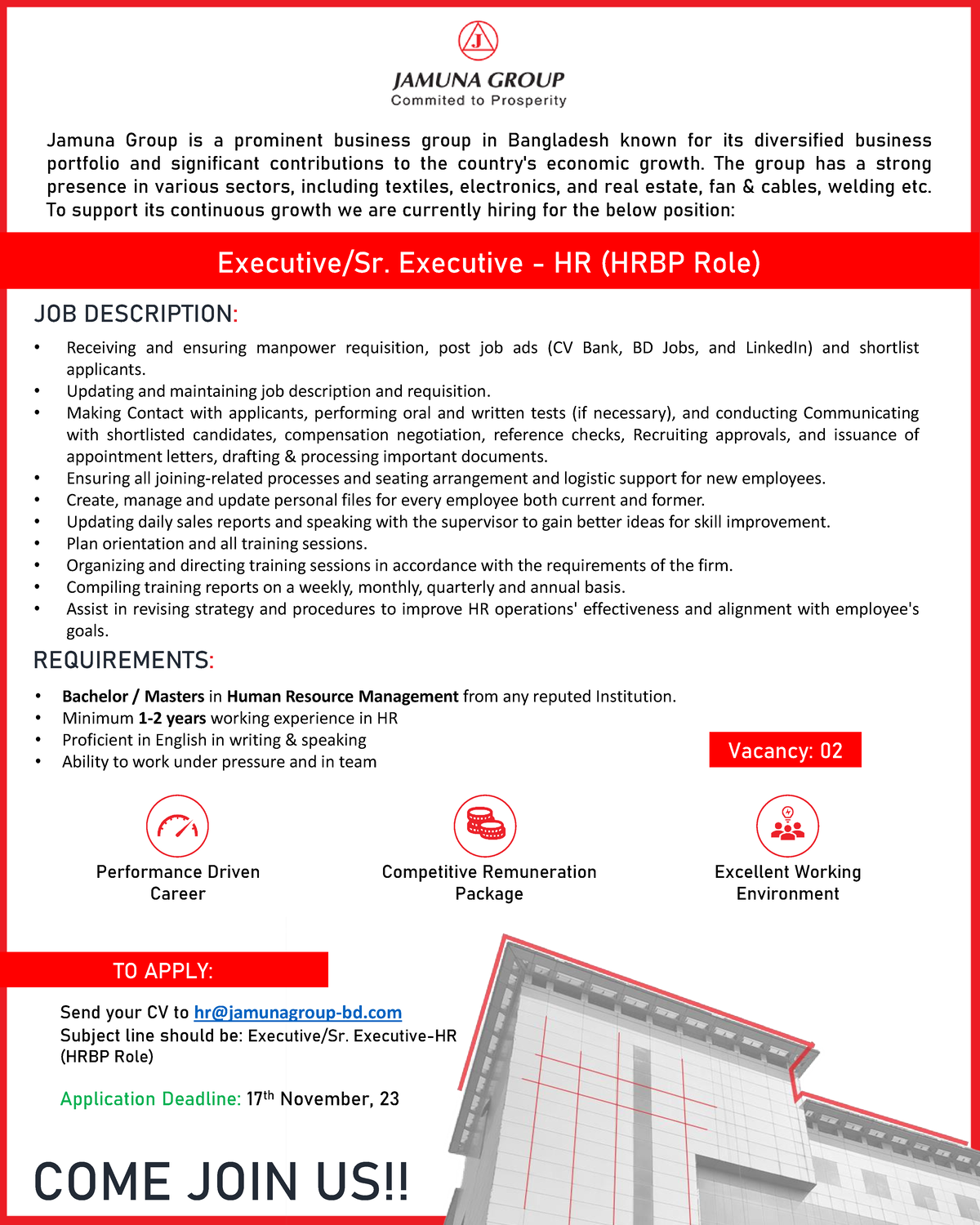 Job Vacancy 1699982212 - Jamuna Group is a prominent business group in ...