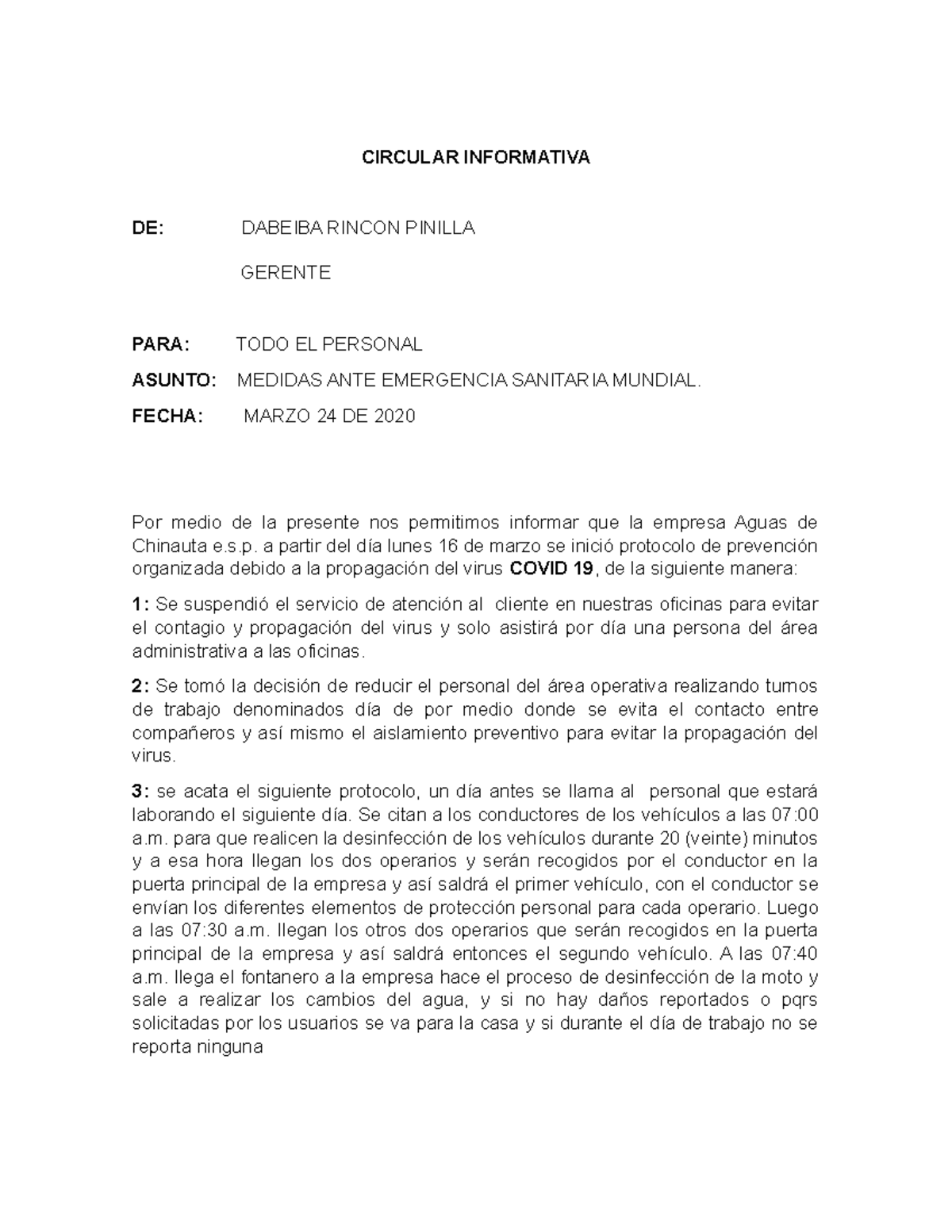 Circular Informativa - Hola - CIRCULAR INFORMATIVA DE: DABEIBA RINCON ...