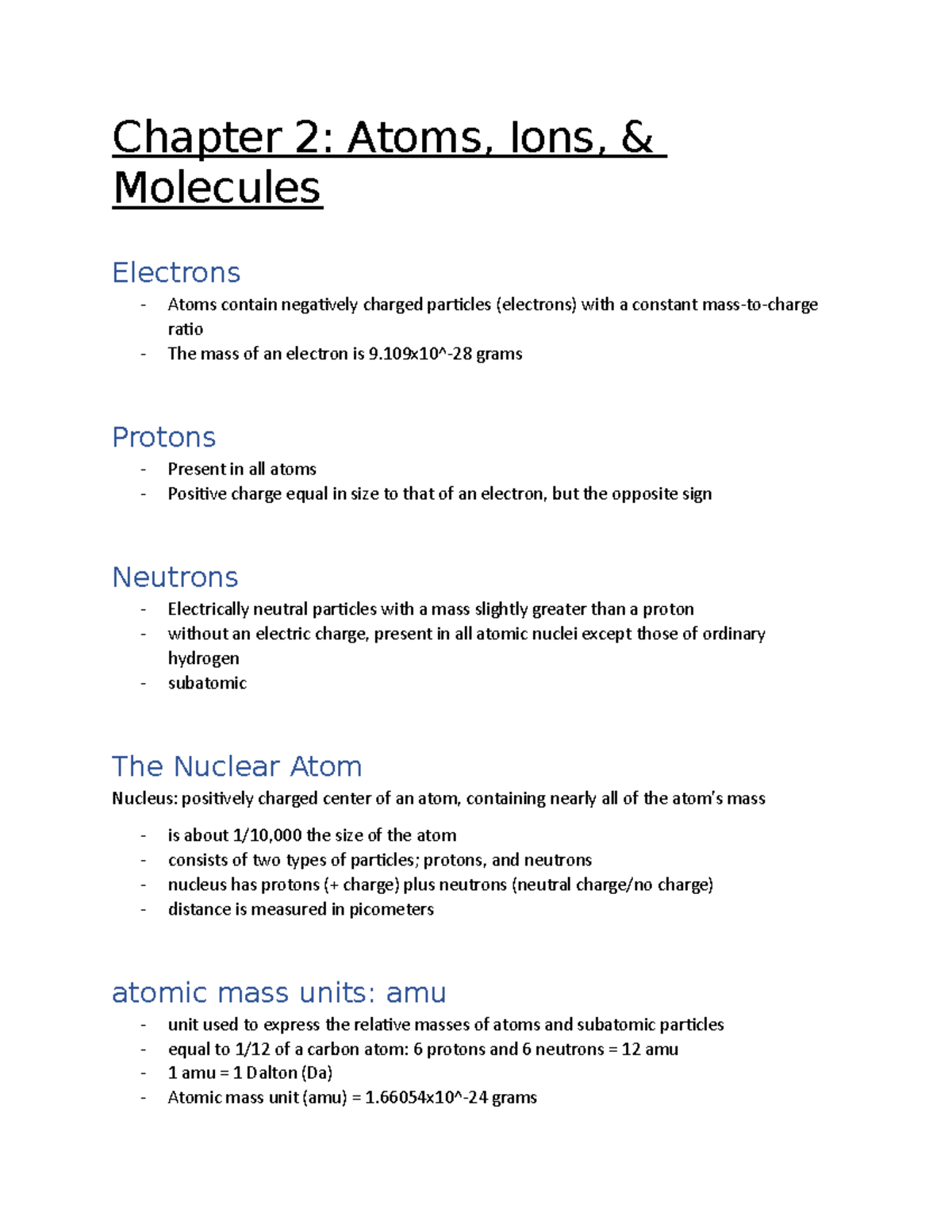 Chemistry Notes Chapter 2 Part 1 - Chapter 2: Atoms, Ions, & Molecules ...