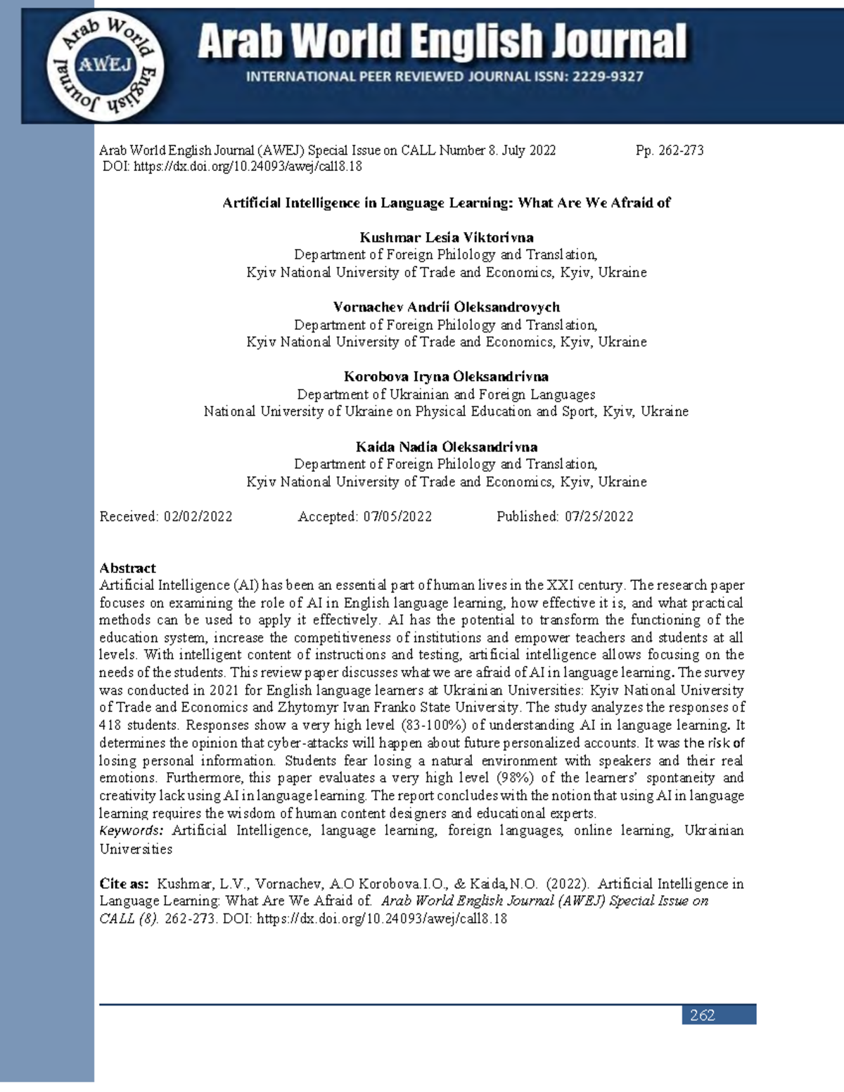 EJ1363313 - 262 Arab World English Journal (AWEJ) Special Issue on CALL ...