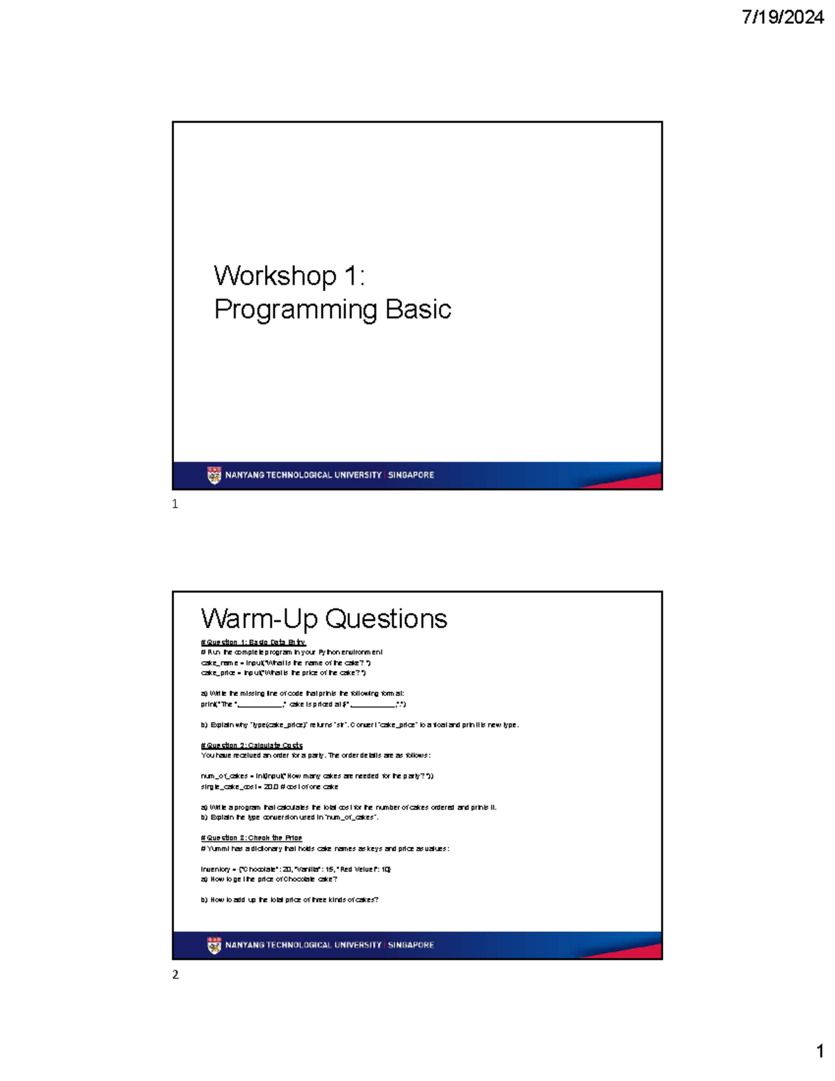 S01 workshop notes - Workshop 1: Programming Basic Warm-Up Questions ...