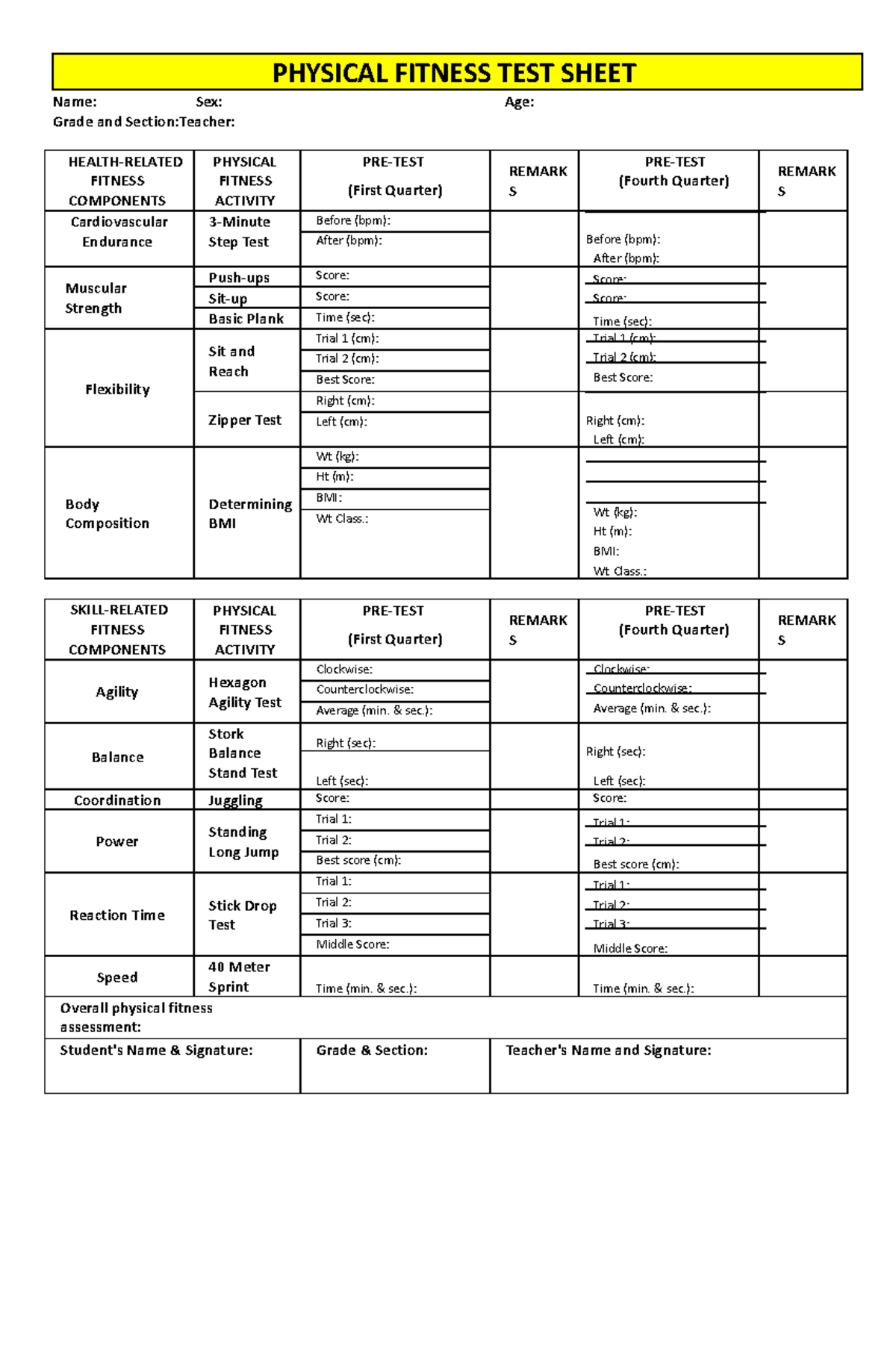 Physical Fitness Test Sheet - PHYSICAL FITNESS TEST SHEET Name: Sex ...