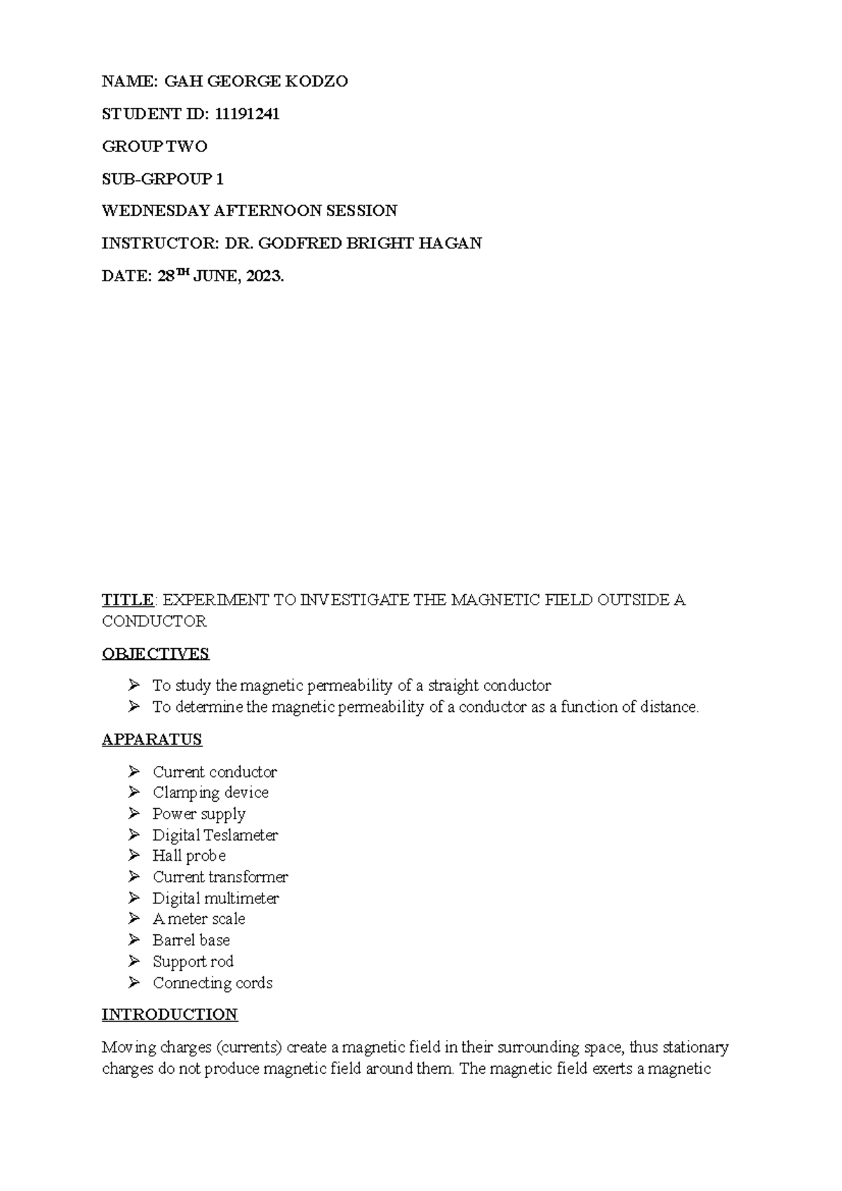 George`S B2 LAB Report - note - NAME: GAH GEORGE KODZO STUDENT ID ...