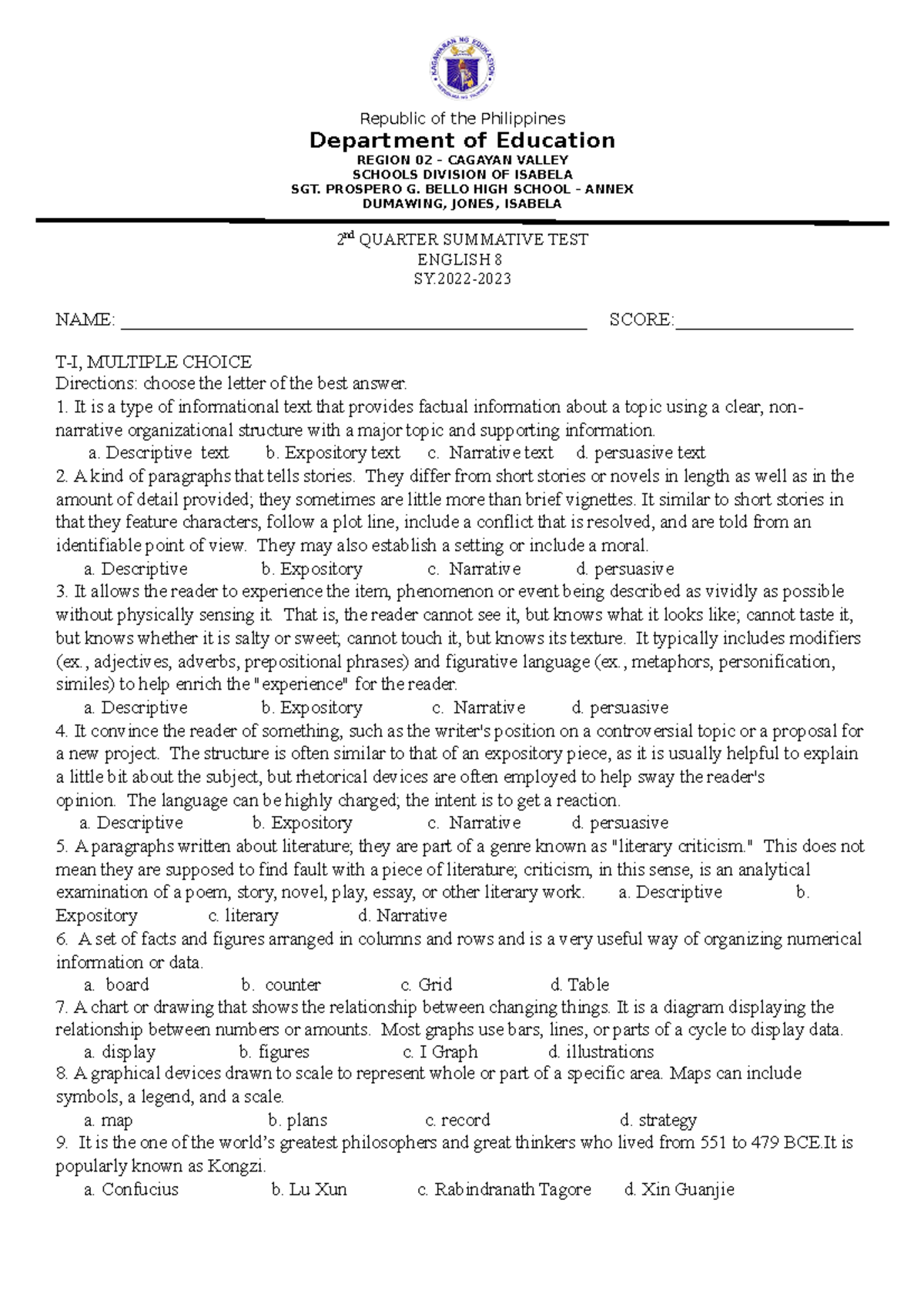 2ND Periodical Exams IN ENG8 - Republic of the Philippines Department ...