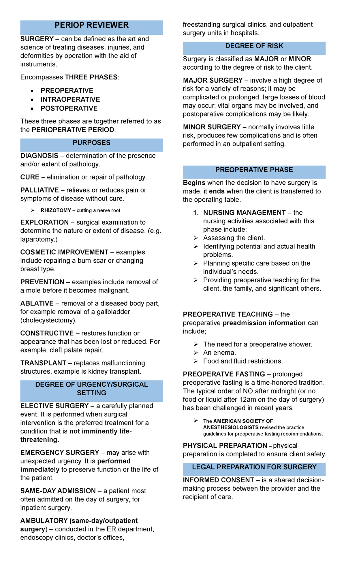 Periop Reviewer - PERIOP REVIEWER SURGERY – can be defined as the art ...