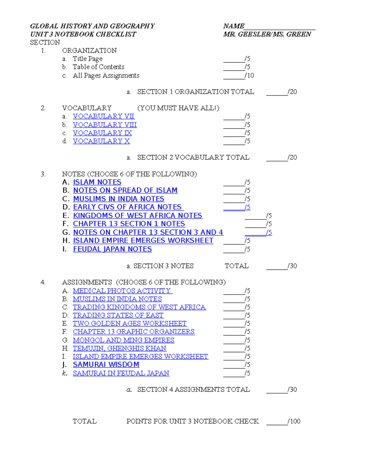 UNIT 3 Notebook Rubric - GLOBAL HISTORY AND GEOGRAPHY NAME ...