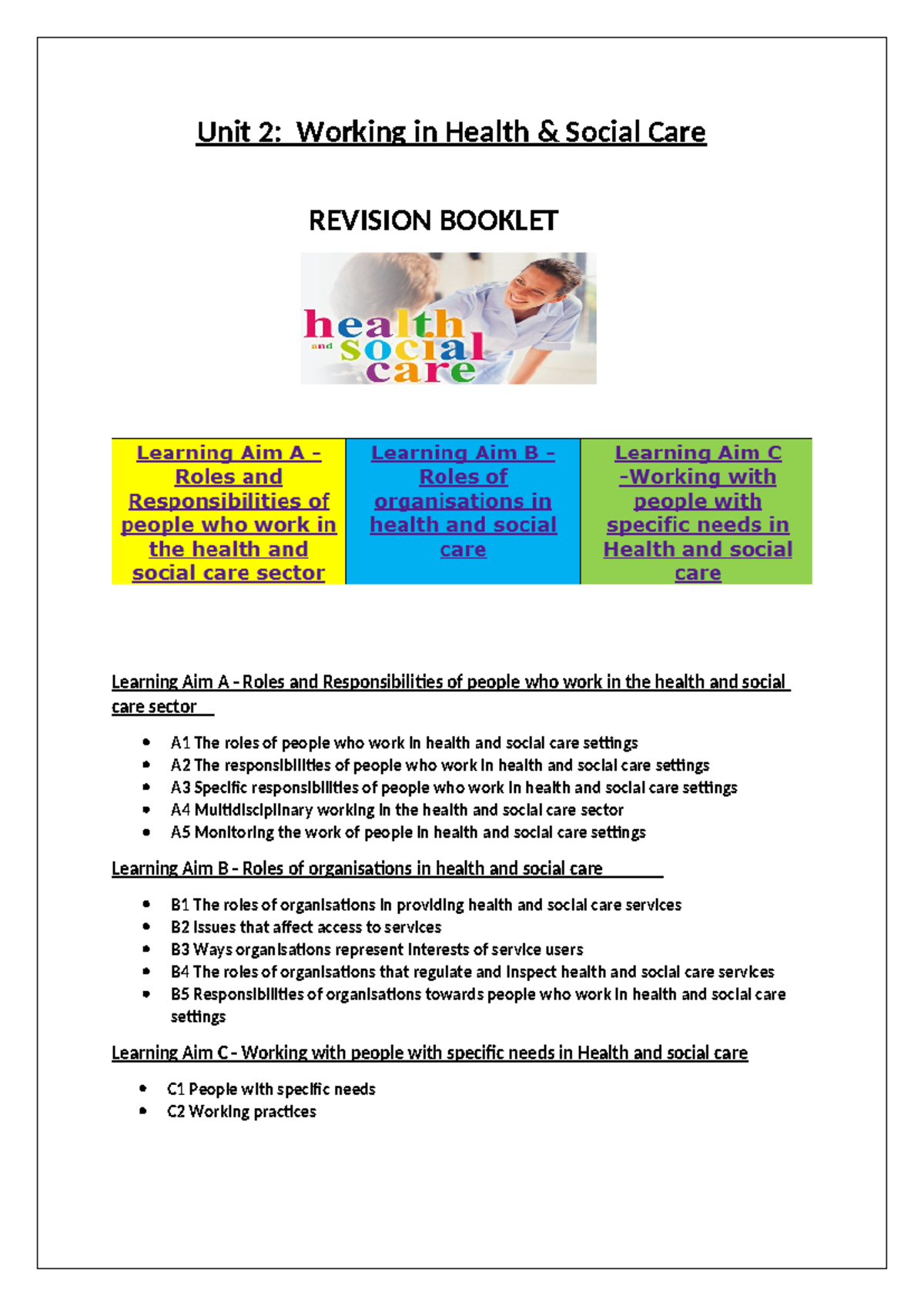 Unit-2-Revision-booklet - Unit 2: Working in Health & Social Care REVISION BOOKLET Learning Aim ...