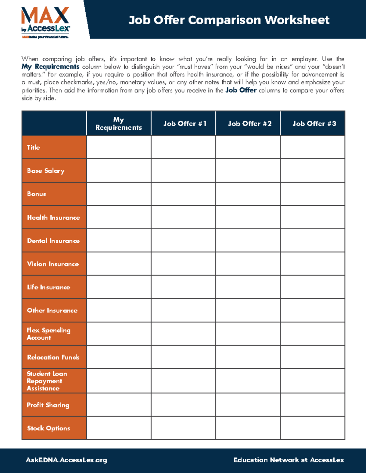 Job Offer Comparison Worksheet - Job Offer Comparison Worksheet AskEDNA ...
