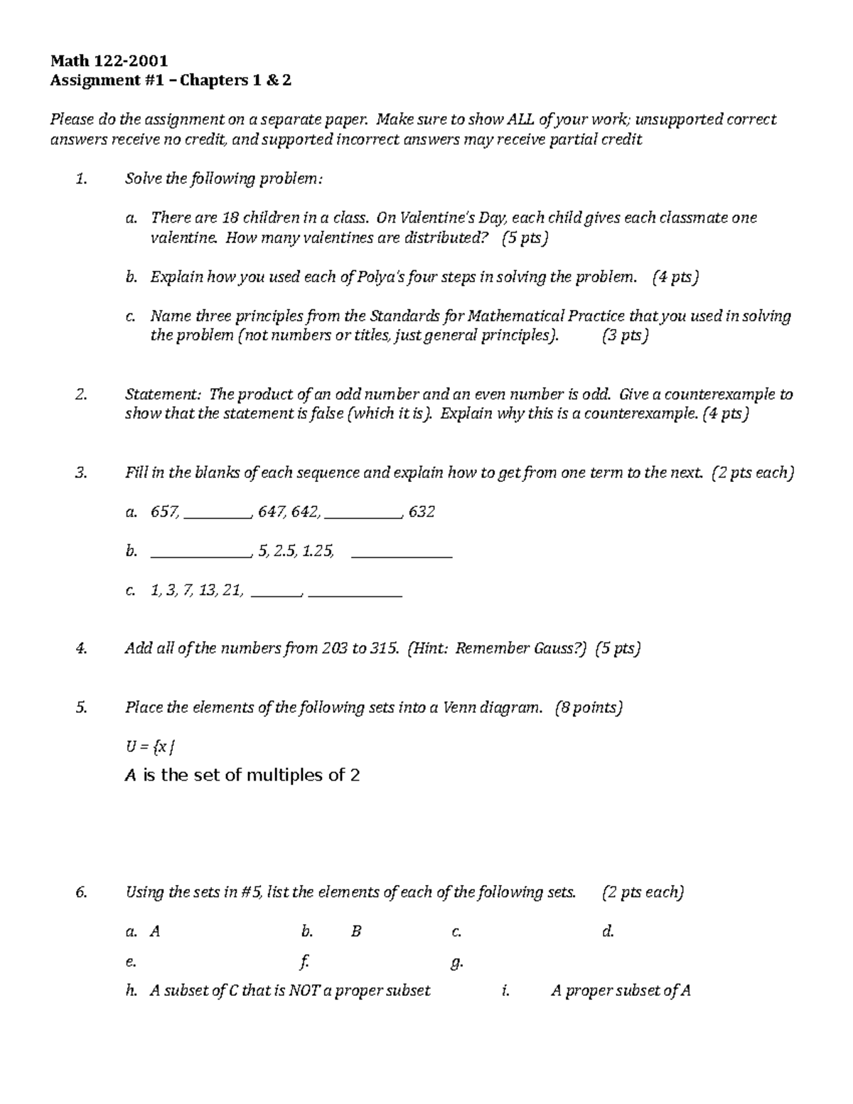 Assignment 1 - N/A - Math 122- Assignment #1 – Chapters 1 & 2 Please do the assignment on a ...