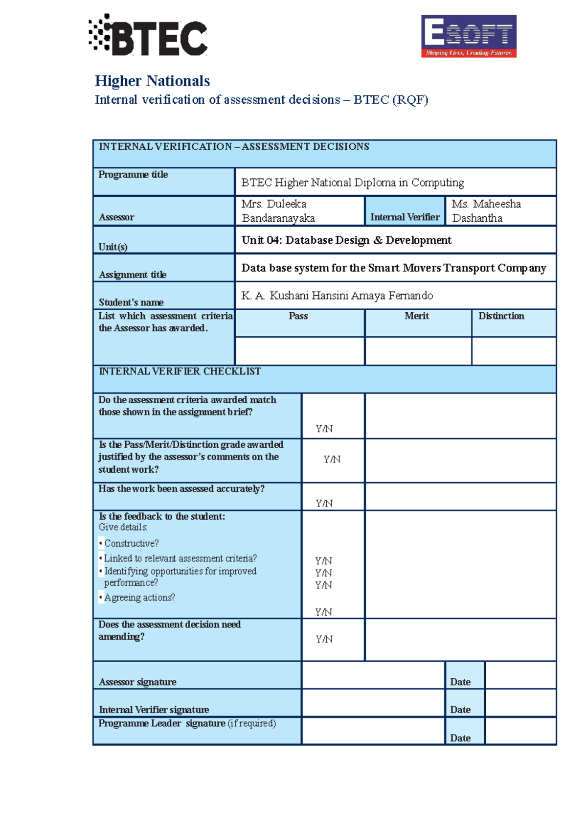 Assignment sample - xfcuhiy6j - Higher Nationals Internal verification ...