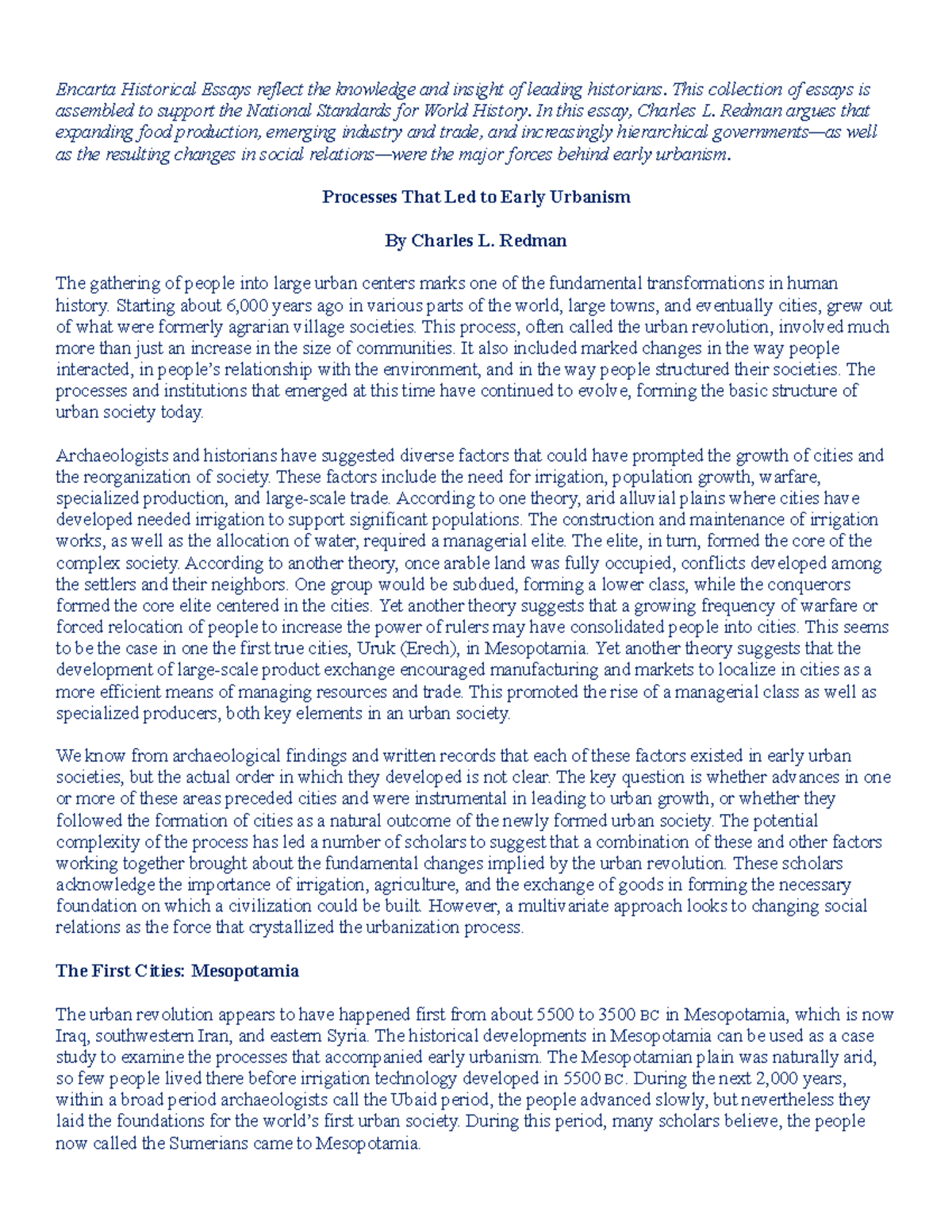 Processess THAT LED TO Early Urbanism - Encarta Historical Essays ...