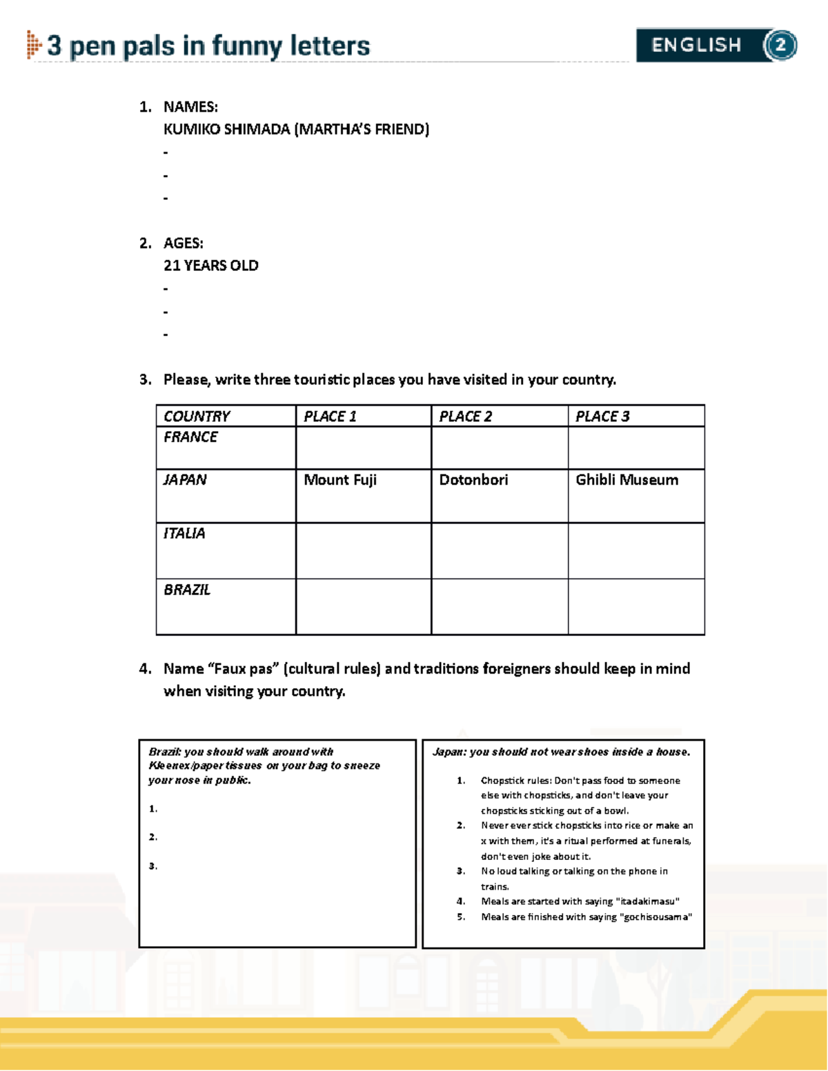 Pen Pal application form faranula me - 1. NAMES: KUMIKO SHIMADA (MARTHA ...