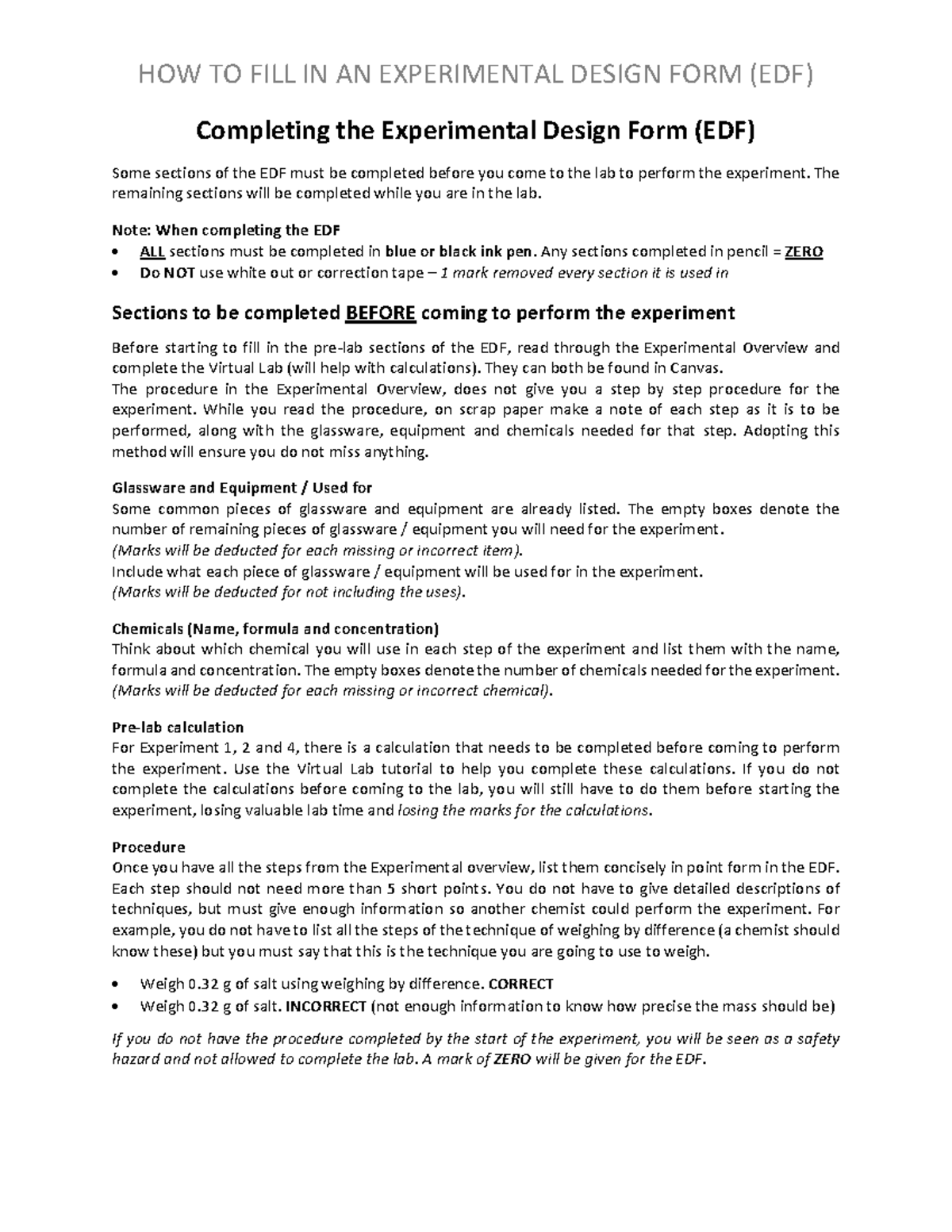 Completing your EDF Before and During the Lab - Completing the ...